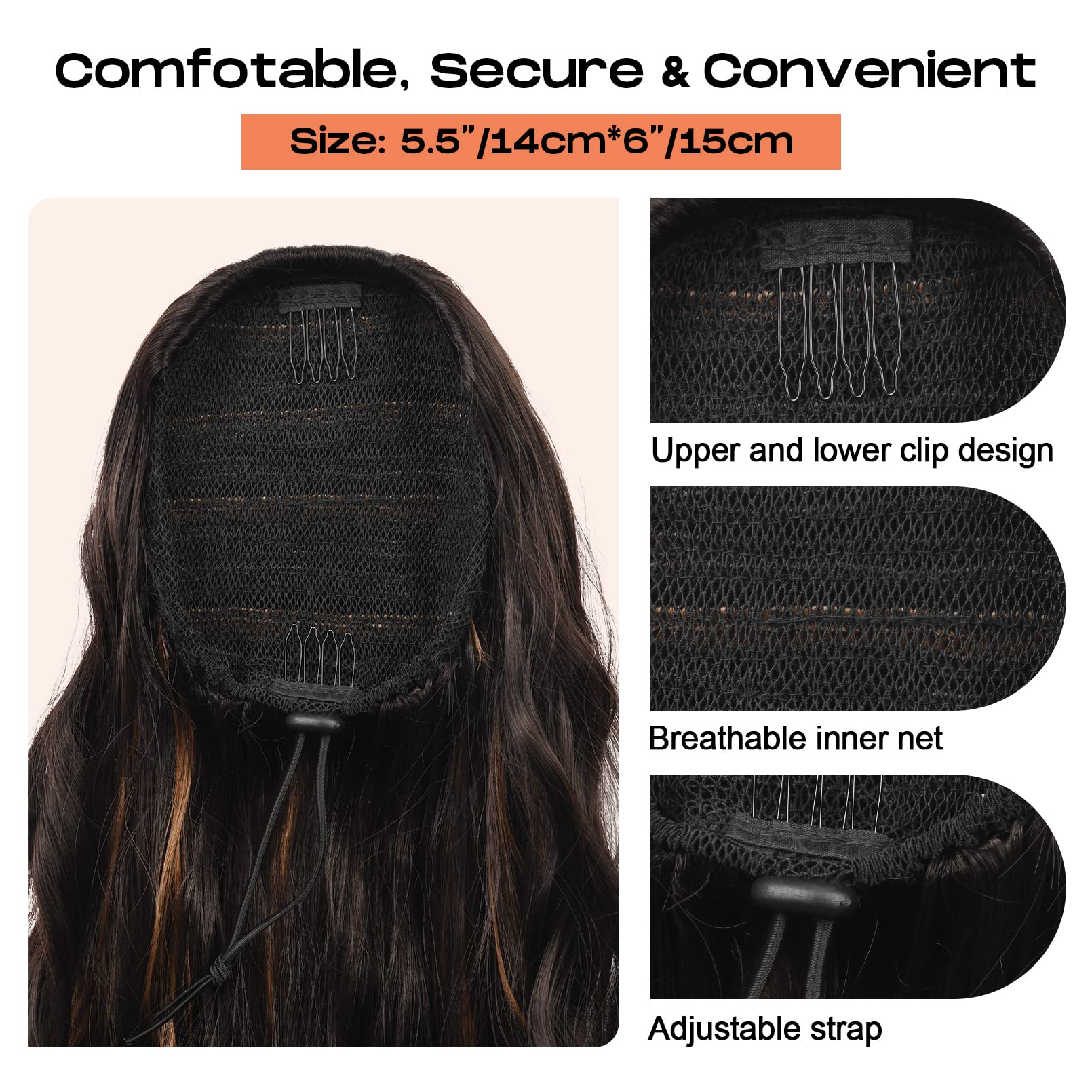 SEIKEA 26" Ponytail Extension Drawstring Ponytail,PT003 Eva for Women Long Thick Wavy Clip in Hair Extensions Ponytail Natural Soft Synthetic Hairpiece for Women Dark Chocolate Brown
