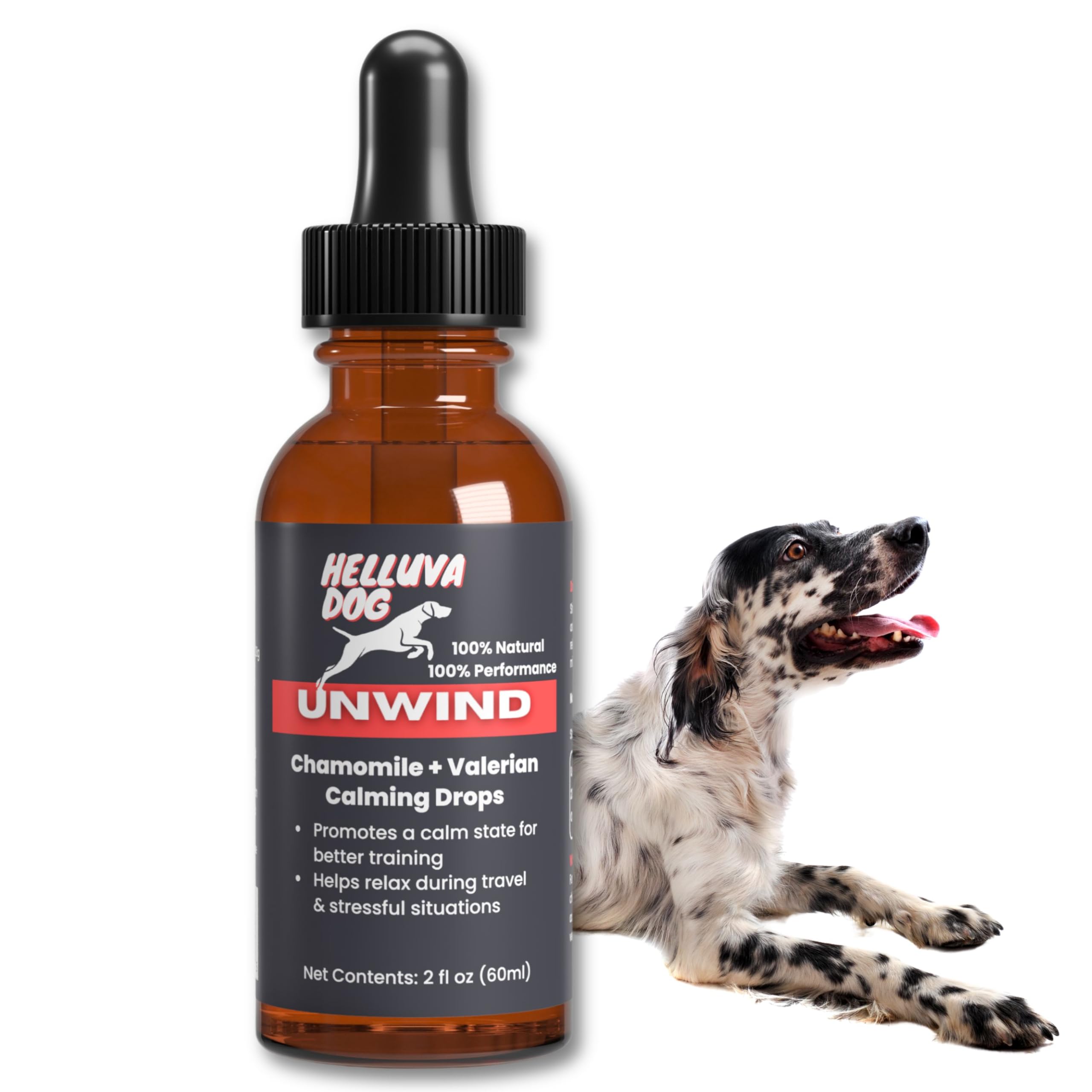 Unwind by Helluva Dog - Natural Anxiety Calming Drops for Active Performance Dogs β MCT Oil, Chamomile & Valerian Drops for Focused Training, Relaxation Before and After Activity, 2oz Bottle