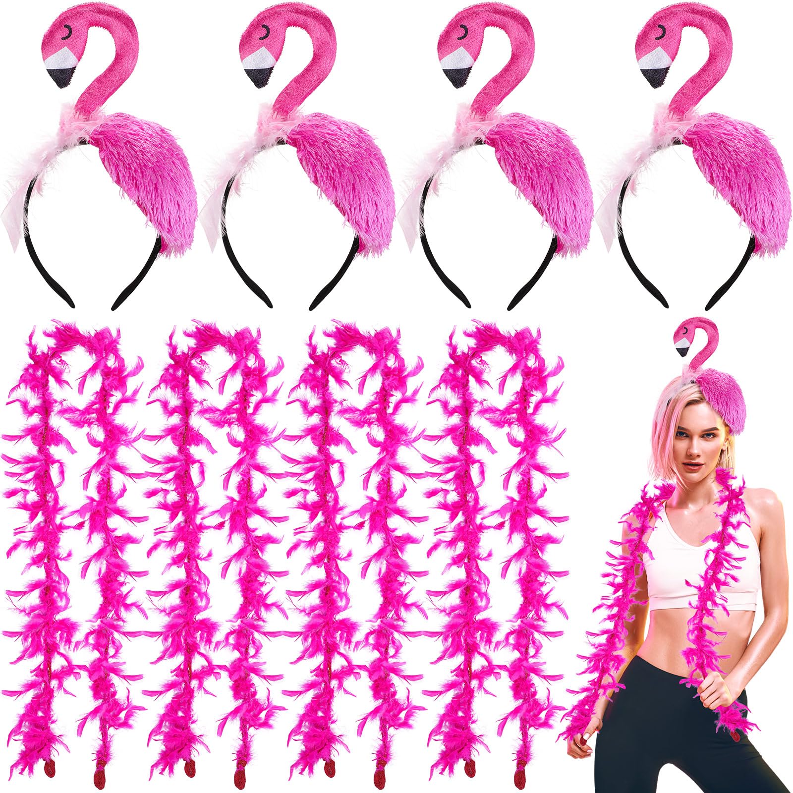 Solsew 8 Pcs Hawaii Flamingo Headband Pink Feather Boa Set Flamingo Headdress Costume Flamingo Accessories Hair Hoop for Carnival Tropical Summer Party Women Girls Kids Adult Hair Decoration
