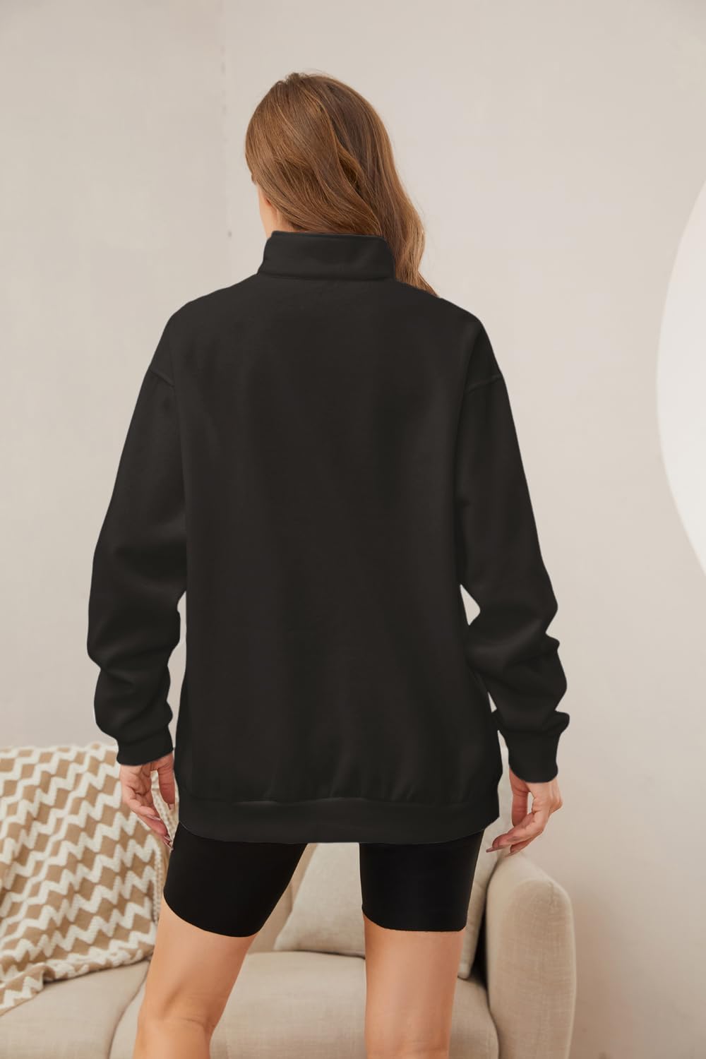 MISSACTIVER Women's Oversized Quarter 1/4 Zip Sweatshirts Lapel Collar Long sleeve Drop Shoulder Solid Pullover Jumper Top Black