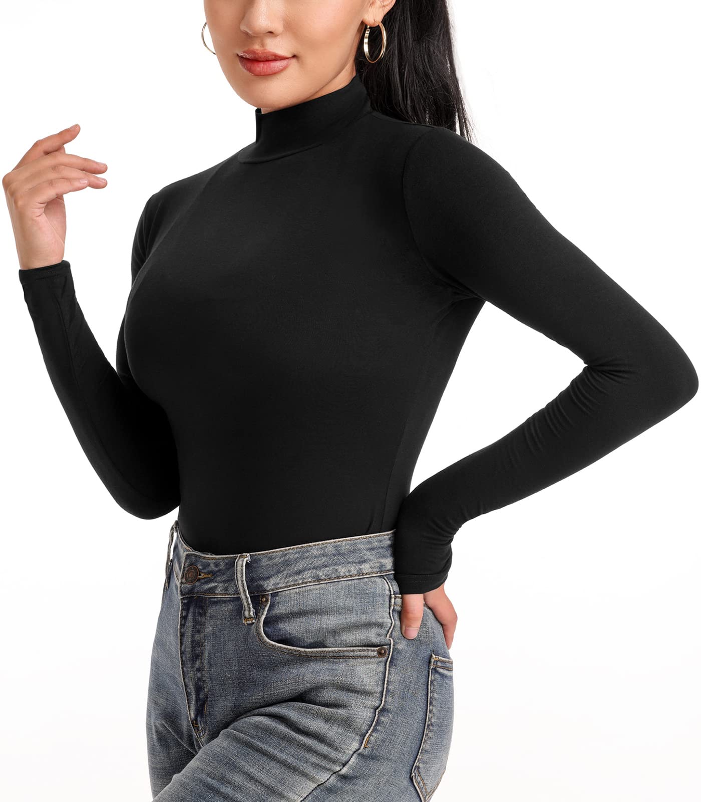 MRIGNT 2 Pack Women’s Turtleneck Slim Fit Tops Long Sleeve Soft Base Layer Shirts Black, White