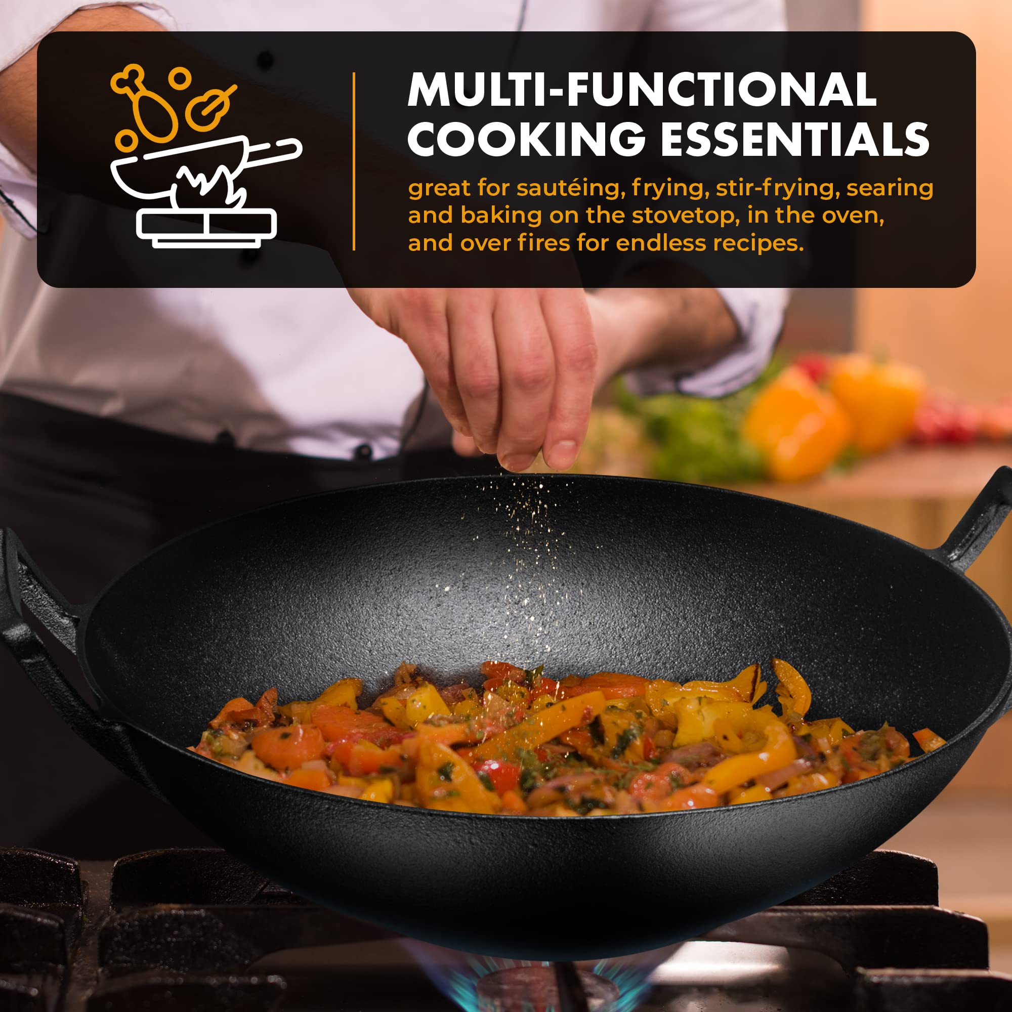 Pre Seasoned Cast Iron 7 Piece Bundle Gift Set, Double Dutch, Rectangular grill Pan, Wok, Large Skillet, Square Grill Pan & Chainmail, Camping Cookware Set
