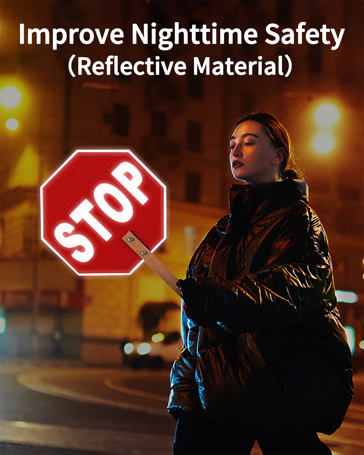 Stop Slow Sign, Double Sided Street Slow Warning Reflective Signs, 13x13in Octagon Rust Free Aluminum, with Bamboo Handle, UV Protected and Waterproof, Weather Resistant, Durable Ink, Easy to Mount