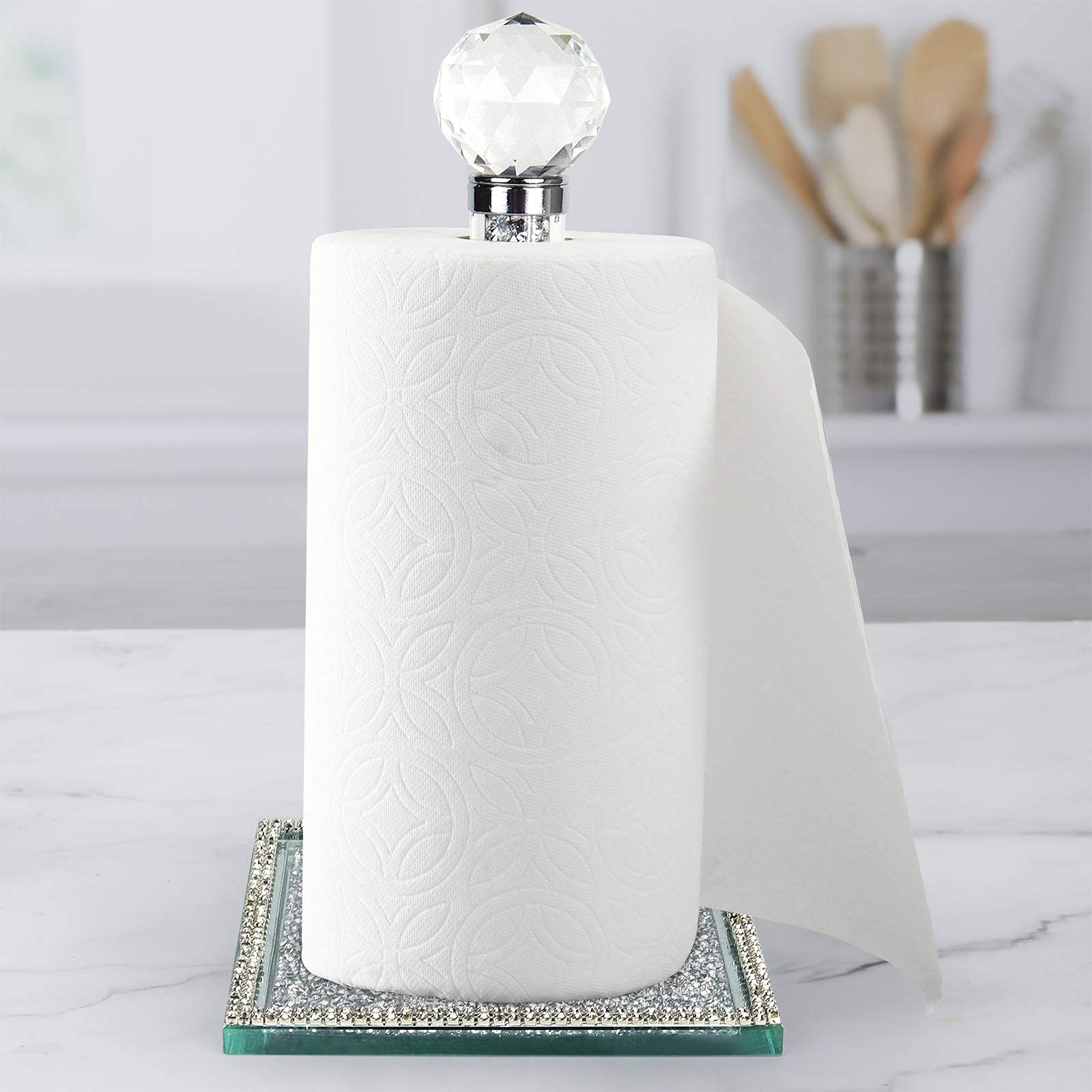 Paper Towel Holder Stand, Silver Countertop Paper Towel Roll Dispenser Holders with Square Base,Tissue Holder Filled with Sparkly Crystal Crushed Diamond House Decor for Kitchen Bathroom, Heavy Weight