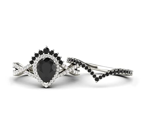 Natural Black Spinel Ring Pear Cut Wedding Engagement Ring Set, Black Spinel Ring, Rose Gold Black Stone vintage Ring, Anniversary Ring (White Gold, 9)