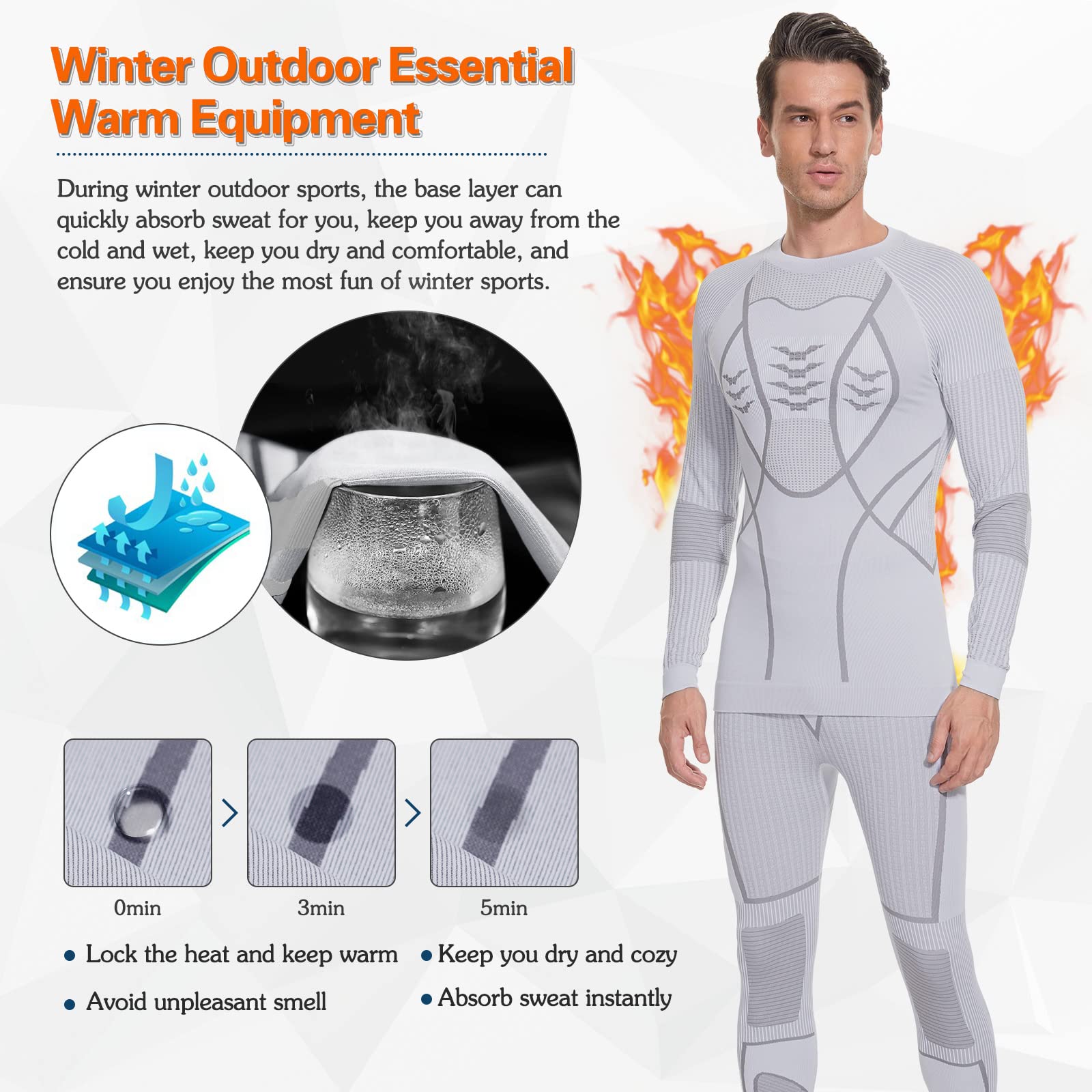 MEETYOO mens Thermal Seamless Long Johns Winter Base Layer Sets Cold Weather Gear Skiing Running Underwear, White, Large
