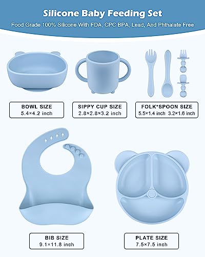 OFUN 8 Pack Silicone Toddler Feeding Set, Baby Led Weaning Supplies with Adjustable Bib, Divided Suction Plate, Bowl and a Sippy Cup, with 2 Spoon, 2 Folk, Eating Utensil for 6+ Months, Blue