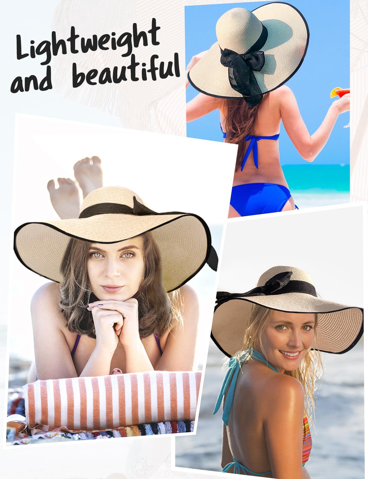 Karcusiny Sun Hat Womens Foldable Straw Hats Wide Brim Beach Hat Packable Sun Hat Women Summer Roll Up Sun Hats for Women (Black Edge-Beige)