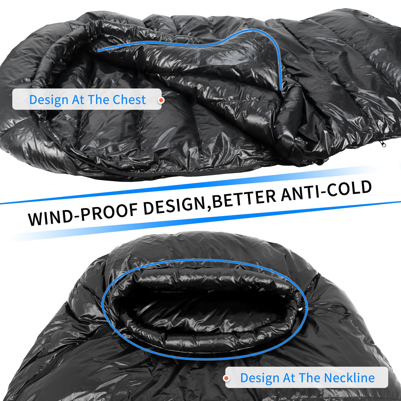 NewDoar Urltra-Light Camping Sleeping Bag 800FP White Goose Down Spring Summer Outdoor Autumn Mummy Sleeping Bag for Hiking Tent (Goose Down Black Blue)