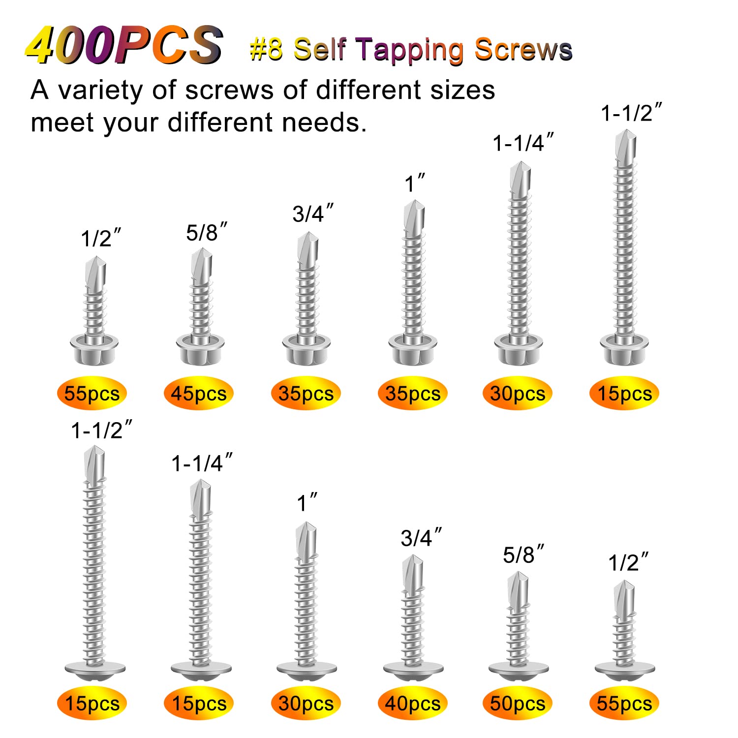 weideer 400pcs #8 Self Tapping Screws Sheet Metal Screws 410 Stainless Steel Truss Head Hex Washer Head Self Drilling Screws High-Strength Quick Tapping Screws (1/2"to1-1/2") K-056-400P