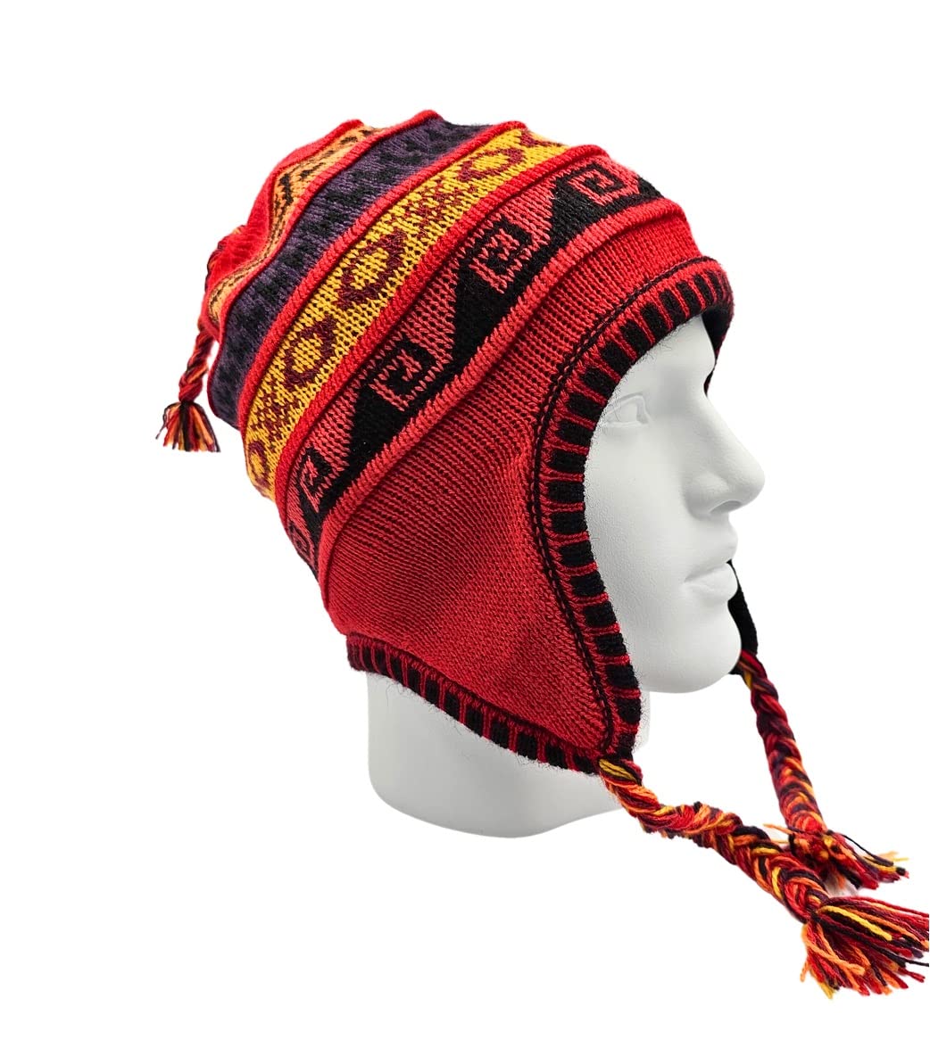 Peruvian Beanie Alpaca Hat, for Women and Men, Soft and Warm hat, Peruvian hat Made in Peru, Soft, Light and Resistant Alpaca (red line Yellow)