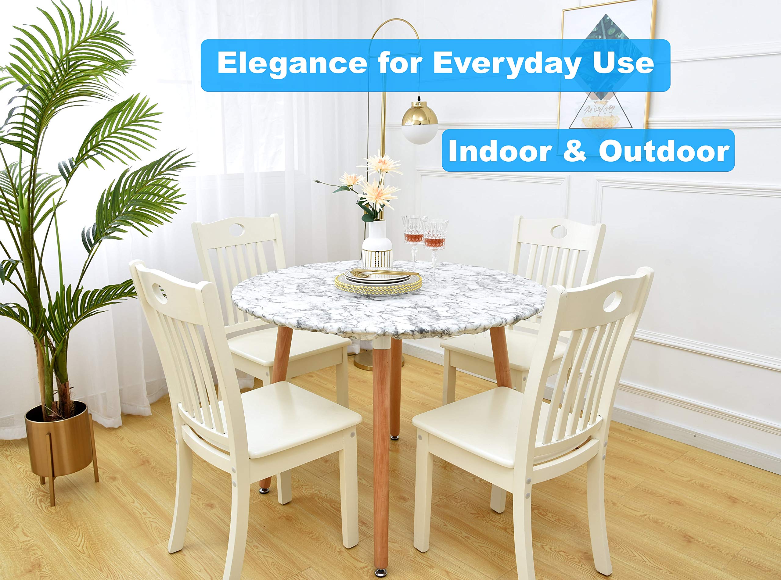 Rally Home Goods Indoor Outdoor Patio Round Fitted Vinyl Tablecloth, Flannel Backing, Elastic Edge, Waterproof Wipeable Plastic Cover, White Marble Pattern for 10-Seat Table of 57-72ββ Diameter