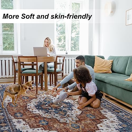 Washable Rug Living Room Rugs: 5x7 Area Rug Large Boho Medallion Distressed Carpets Indoor Soft Floor Anti Slip Carpet for Under Dining Table Bedroom Farmhouse Home Office - Blue/Orange Brown