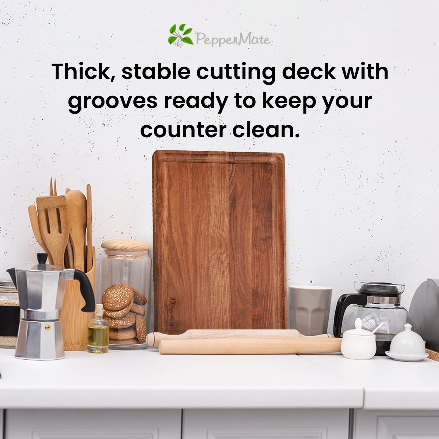 Preconditioned Walnut Kitchen Cutting Board β 20 x 15 x 1.25 In. Dark Hardwood Chopping Block with Juice Groove β Doubles as Cheese or Charcuterie Board β Home & Kitchen Accessories by PepperMate