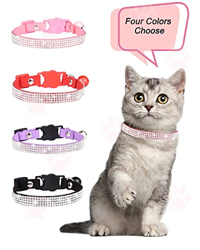 Solmoony Breakaway Cat Collars with Bell,Adjustable Safe Kitten Collar,Cat Collars for Girl Cats with Rhinestone Soft Velvet (Pink)