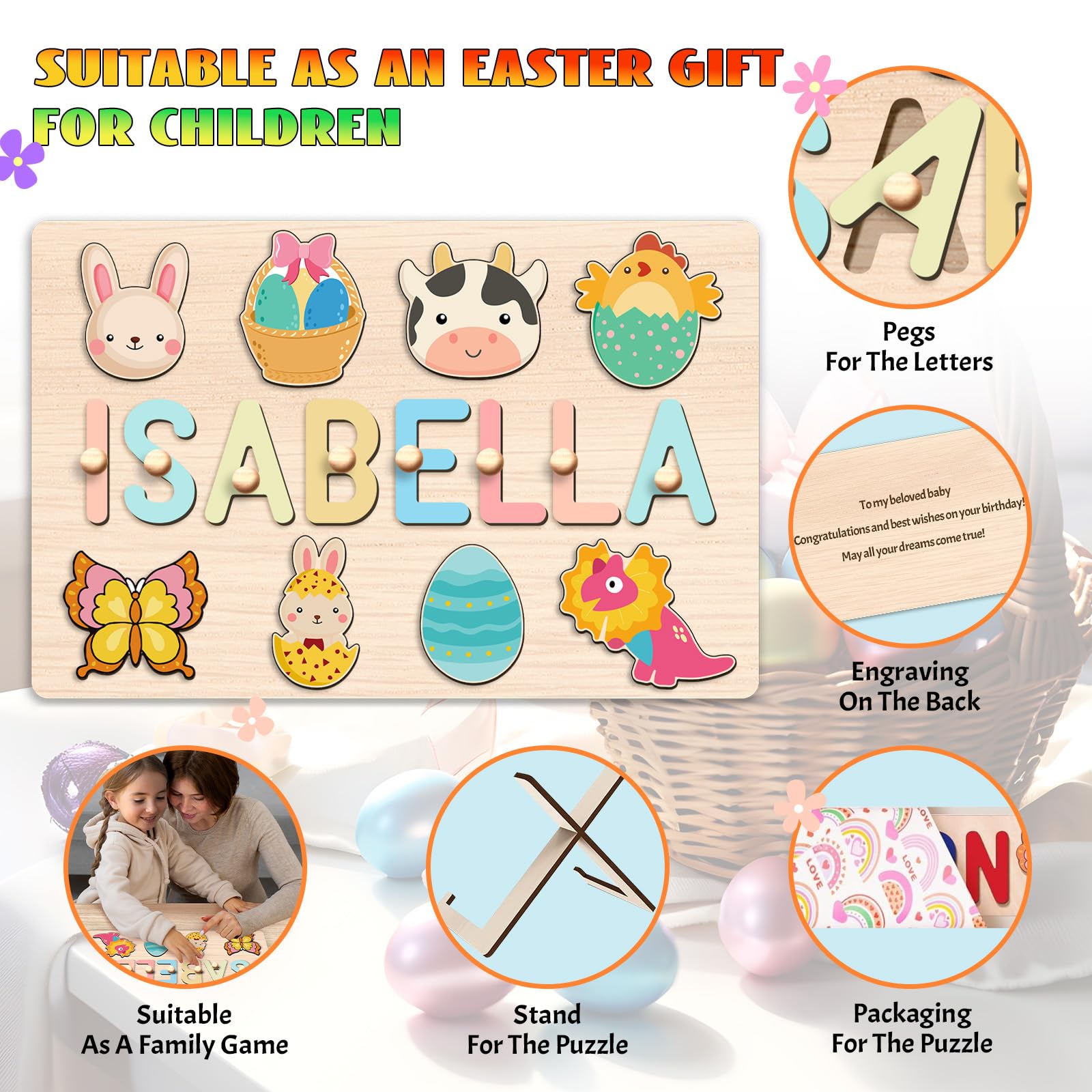 SalaGraphics Personalized Name Puzzles for Toddlers 1-3, Easter Basket Stuffers for Toddler, Personalized Baby Gifts, Wooden Name Puzzle for Kids Personalized, Montessori Toys for 1 Year Old