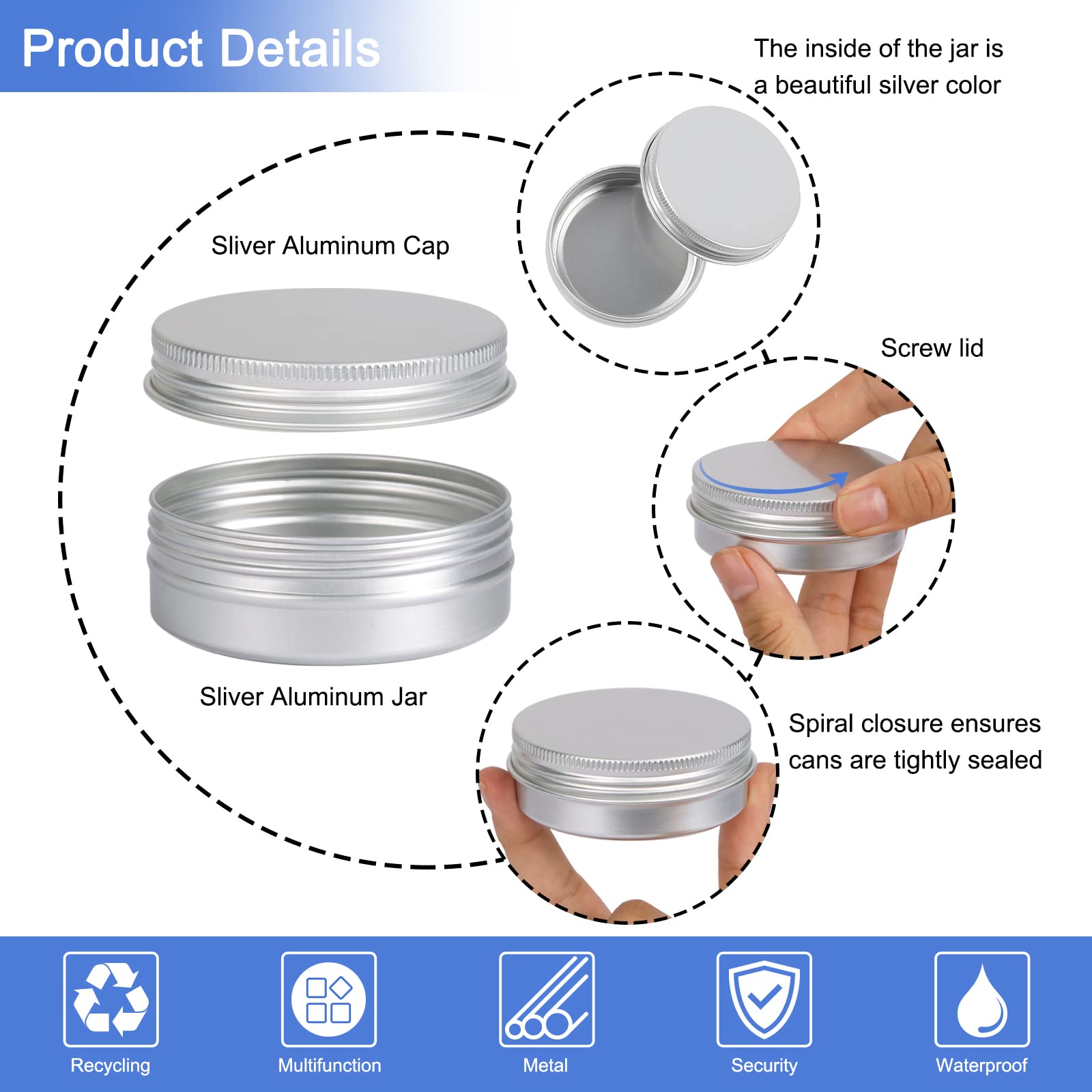 Moretoes 60 Pack 2 Oz Metal Round Tins Aluminum Tin Cans Containers with Screw Lid for Lotion Bars, Balms, Salve, Spices or Beard Balm