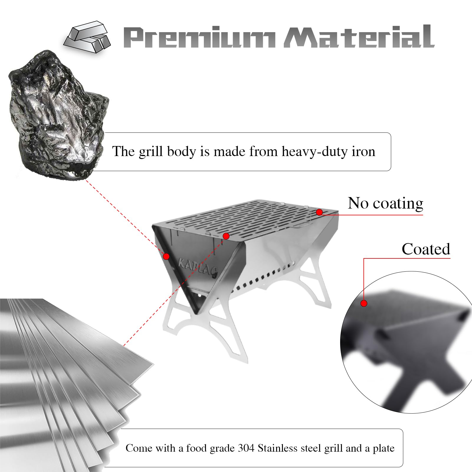 KPALAG Big Size Detachable Charcoal Grill, Portable BBQ Grill, Foldable Camping Fire Grill,Heavy Duty Outdoor Grill Smoker, Fire Pit for Camping, Outdoor Heating, and Picnic With Carry Bag