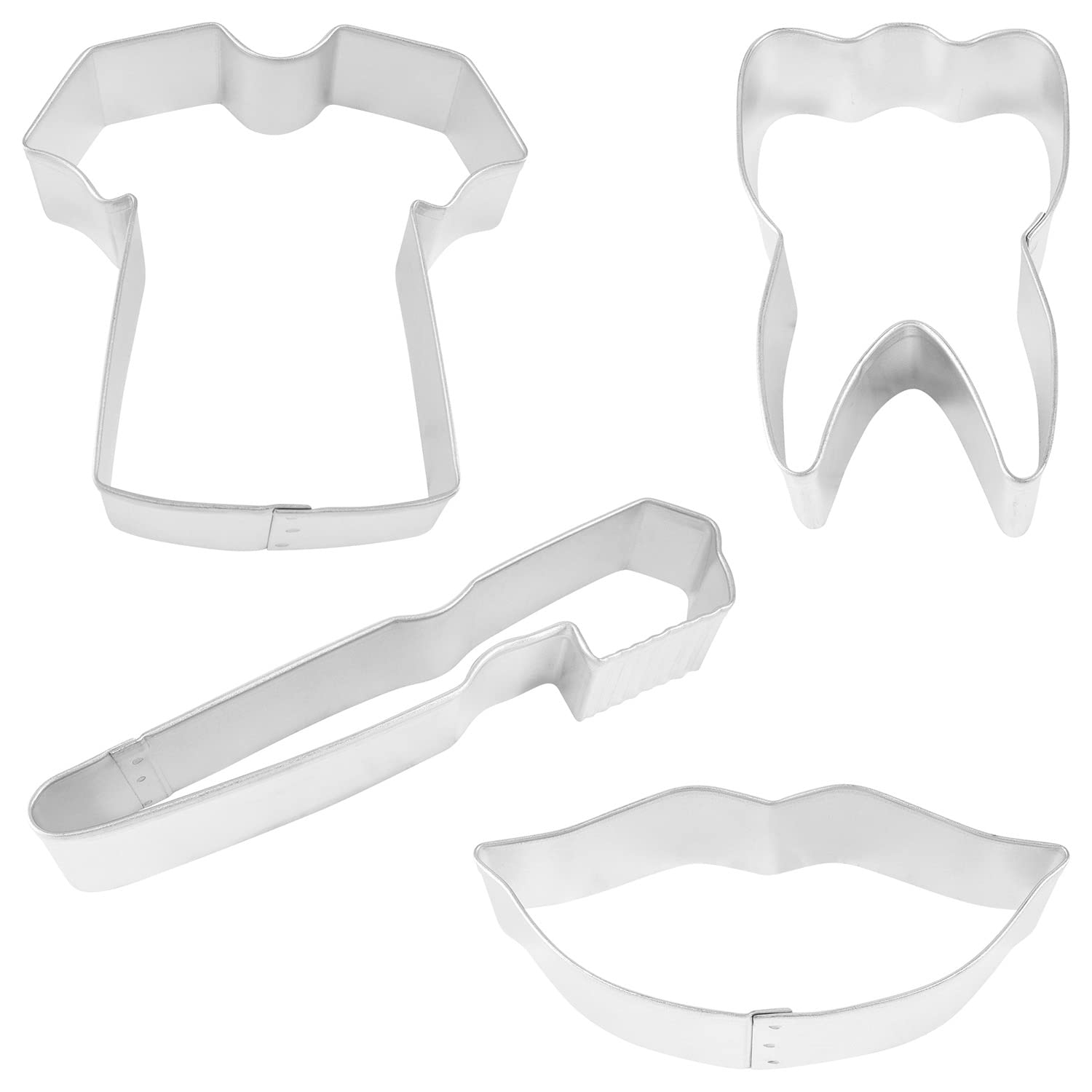 R&M International Dental Cookie Cutters, Scrub Shirt, Lips, Tooth, Toothbrush, 4-Piece Set