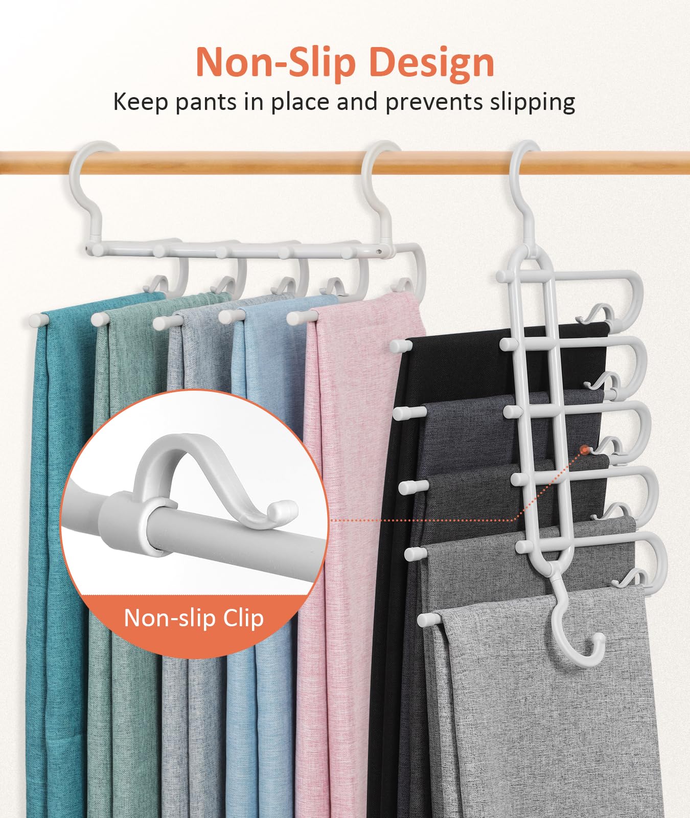 Upgraded 3 Pack Pants Hangers Space Saving, Non Slip Pants Organizer for Closet, 5 Tier Jean Hangers, Multi Hangers Space Saving Closet Organizers for Trousers Scarves