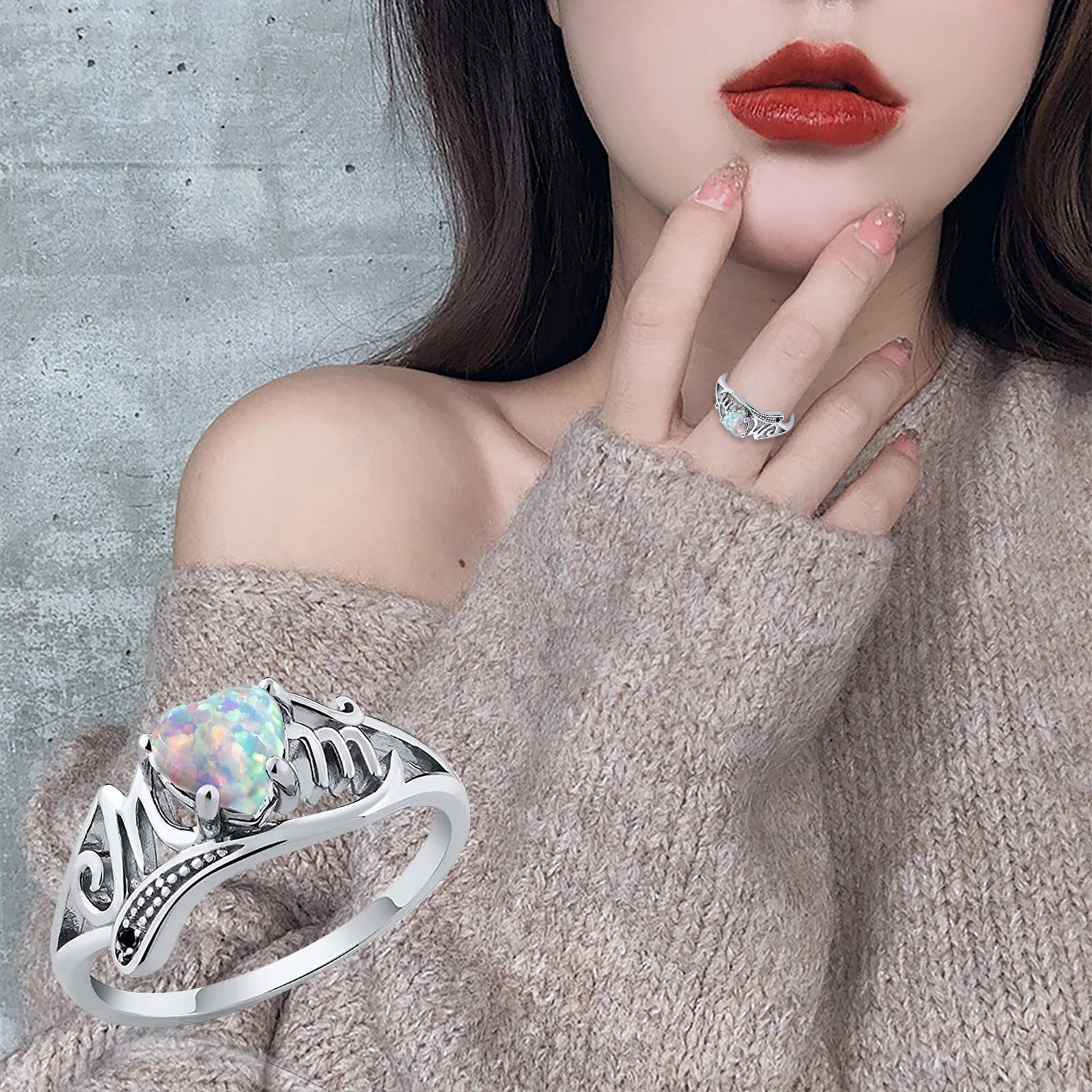 Mother Birthstone Ring Opal Heart Letter Ring Stainless Steel Diamond Ring Band Statement Ring Jewelry For Mom Grandmother