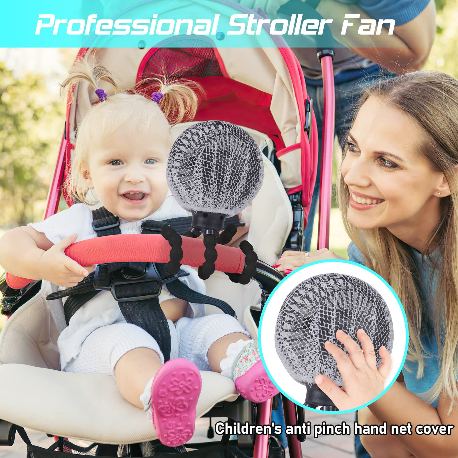 scurry Stroller Fan, Portable Desk Fan, Mini USB Fan, 2600mAH Rechargeable Battery Operated Fan with LED Light and Aromatherapy, Flexible Tripod Design Personal Handheld Fan for Stroller (Black)