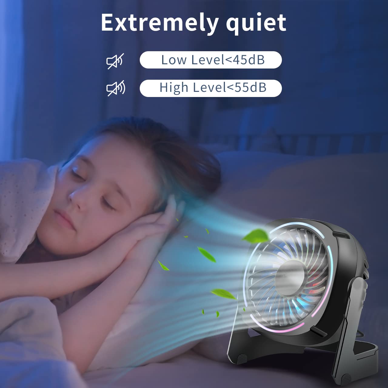 Punoge Small USB Desk Fan - 5.3 Inch Portable Table Fan with 3 Levels Air Flow, 8 Color LED Lights, 360° Rotation, Quiet Mini Personal Fan for Home Office Desktop