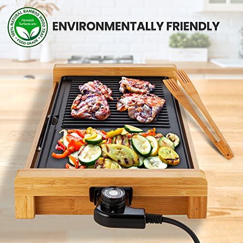 NutriChefKitchen Household Smokeless Indoor Grill, Nonstick Electric Grill, Detachable Bamboo, Tempaerature Control, Adjustable Temperature Knob, For Indoor BBQs with no smoke (Black)