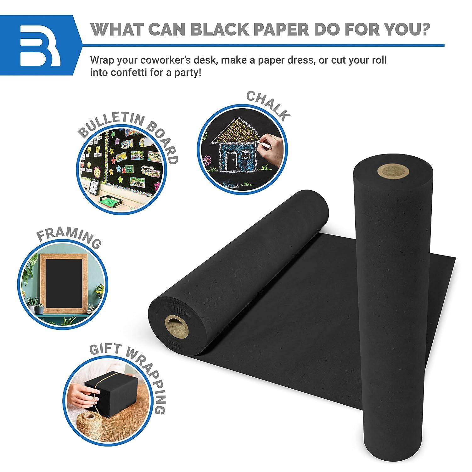 Kraft Paper Roll Sample Pack - 3 Pack of 18in x 75ft Brown, White and Black Rolls - Made in The USA - Ideal for Packing, Moving, Gift Wrapping, Postal, Wall Art, Crafts, Bulletin Boards, Table Runners
