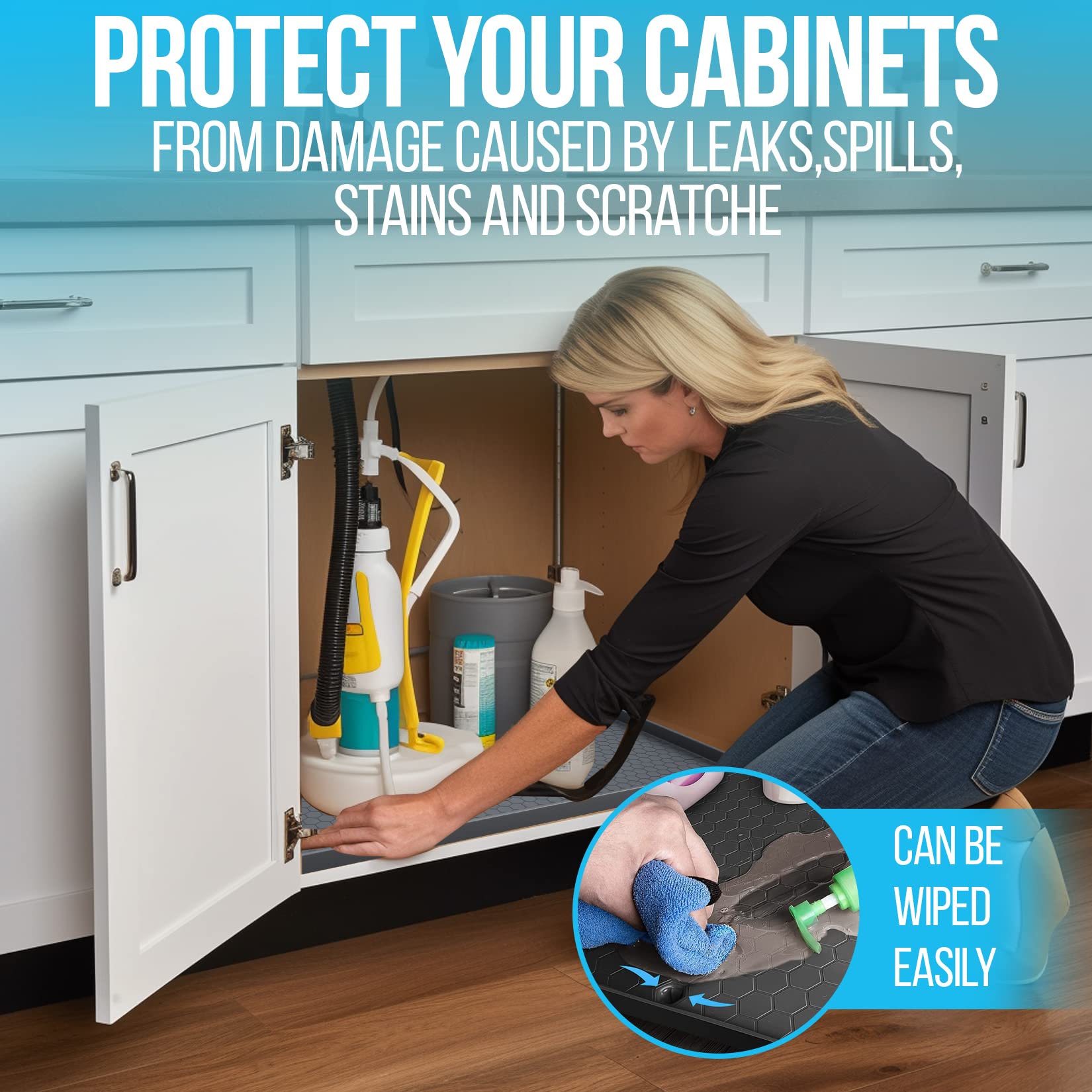 MARAL'S SHOP Waterproof Under Sink Mat - Cut to Fit Sink Mat for Kitchen & Bathroom Cabinet - Tray Liner with Drain Outlet for Liquids, Water - Durable, Flexible & Washable Silicone Material - 34x22"