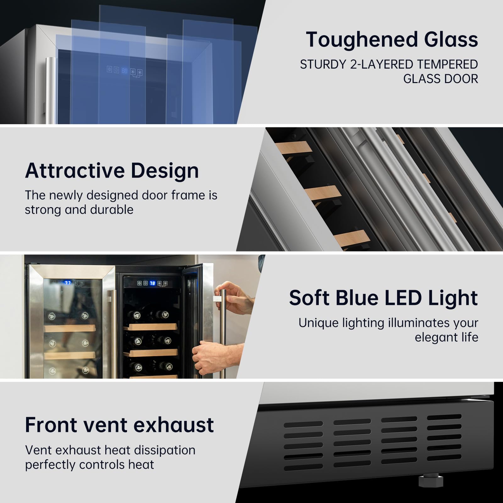 KingChii 24 Inch 34 Bottle Dual Zone Wine Cooler Refrigerator Professional Compressor, Stainless Steel & Tempered Glass For Red Wine, Champagne - Built-in or Freestanding for Home, Kitchen, or Office