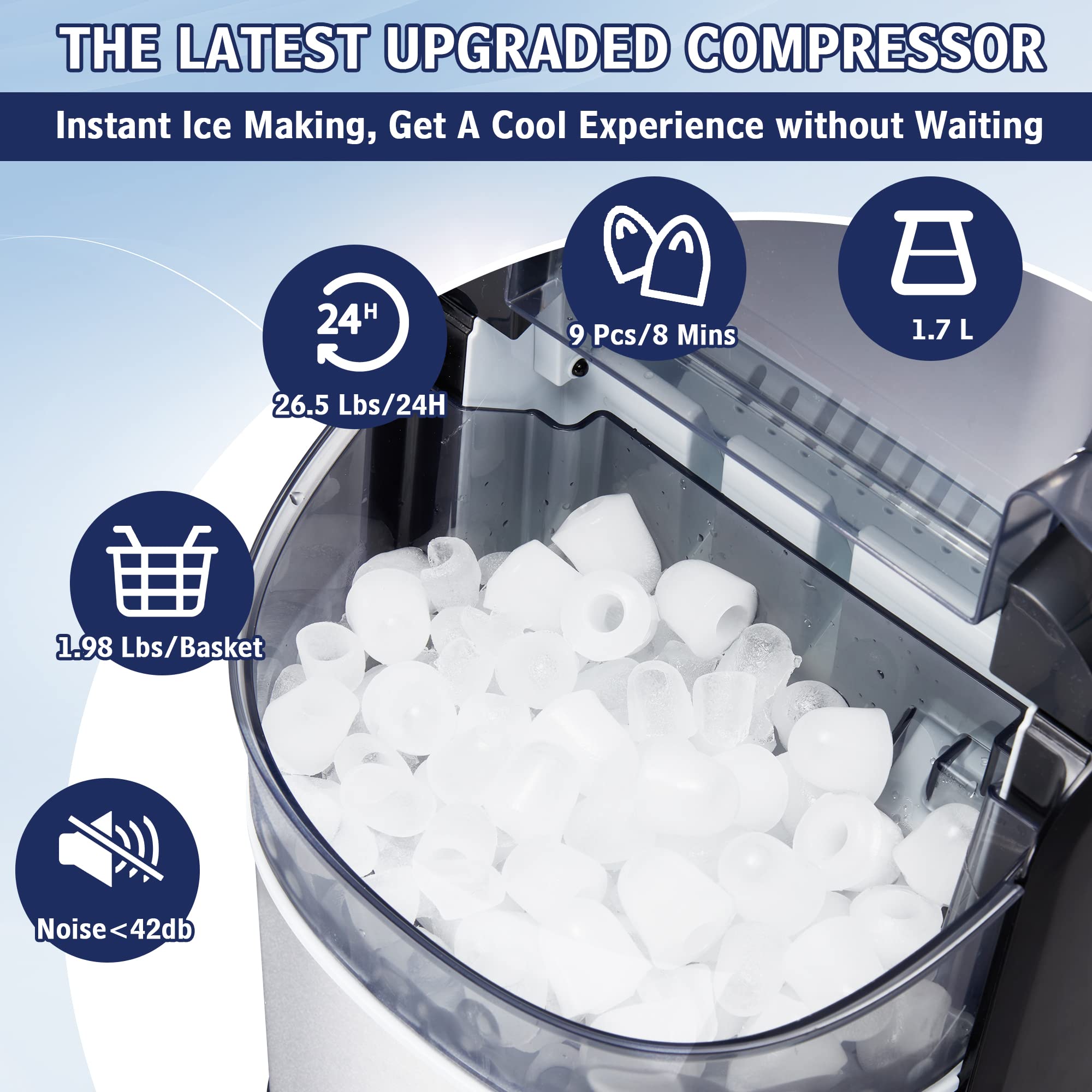 OUTGAVA Ice Maker Machine Countertop Portable Ice Cube Maker,Compact Automatic Ice Making Machine with Ice Scoop&Basket,26Lbs/24H,9 Cubes in 6-8 Minutes,2 Size(S/L) for Kitchen Bar Office,Black