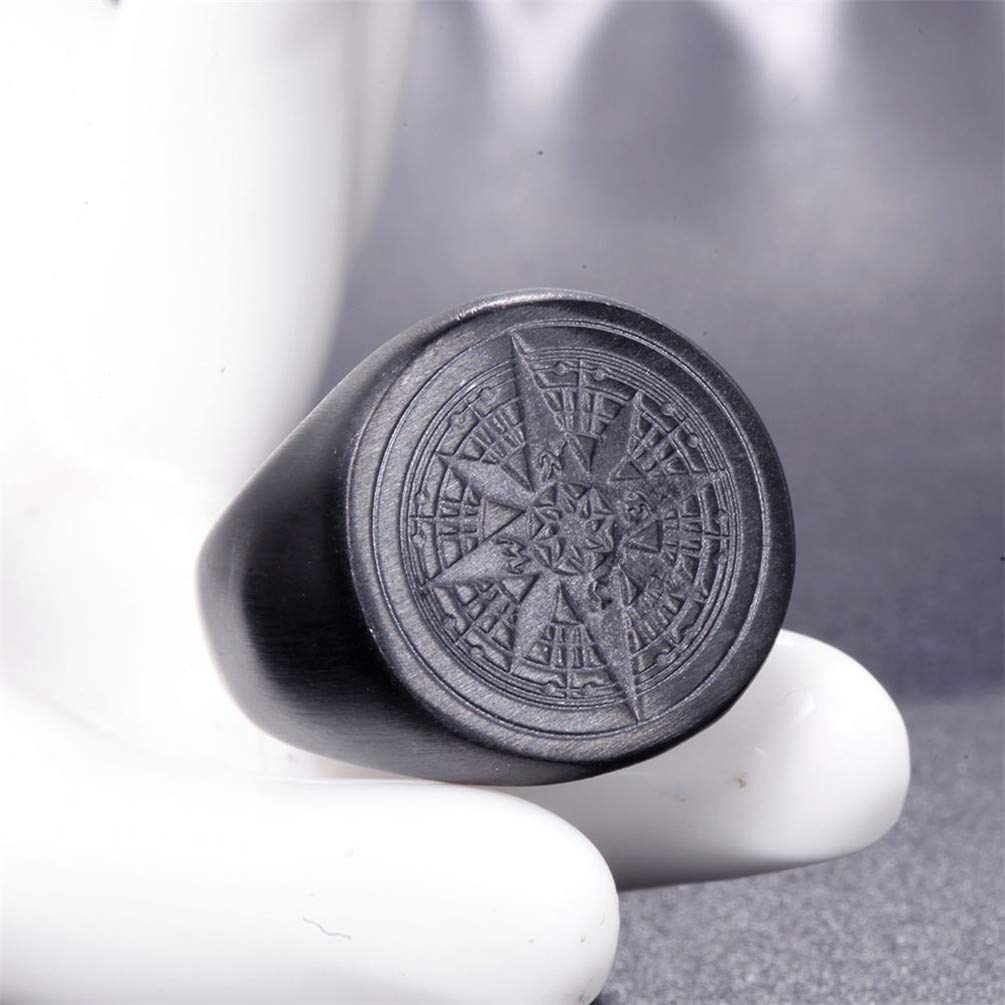 OAKKY Men's Women's Stainless Steel Vintage Round Compass Signet Ring Silver Size 9