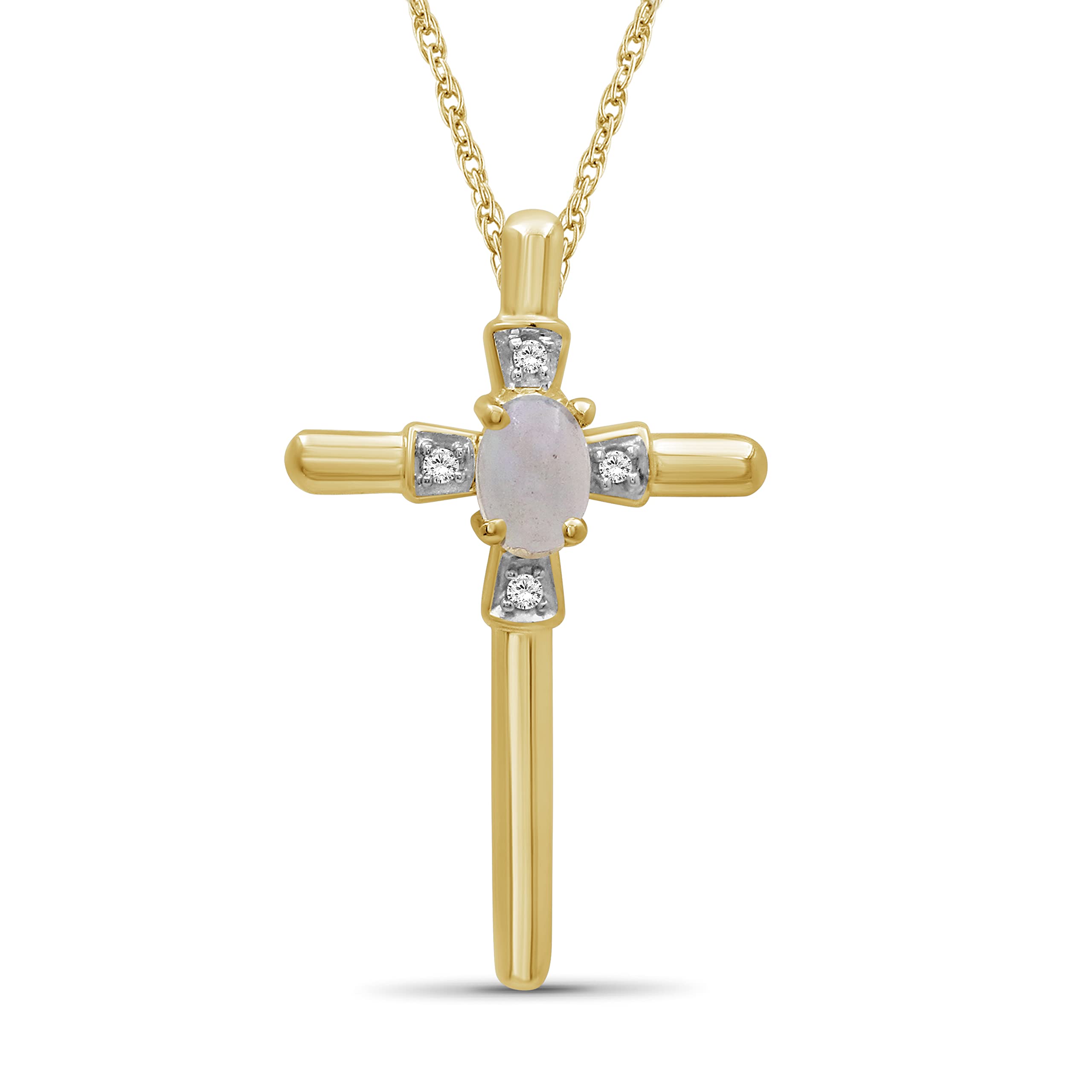 JEWELEXCESS Gold Cross Necklaces for Women – 14k Gold Cross Necklace for Women Over .925 Sterling Silver Cross – 4k Opal Necklace Centerpiece, White Diamond Accents – Hypoallergenic Cross Pendant