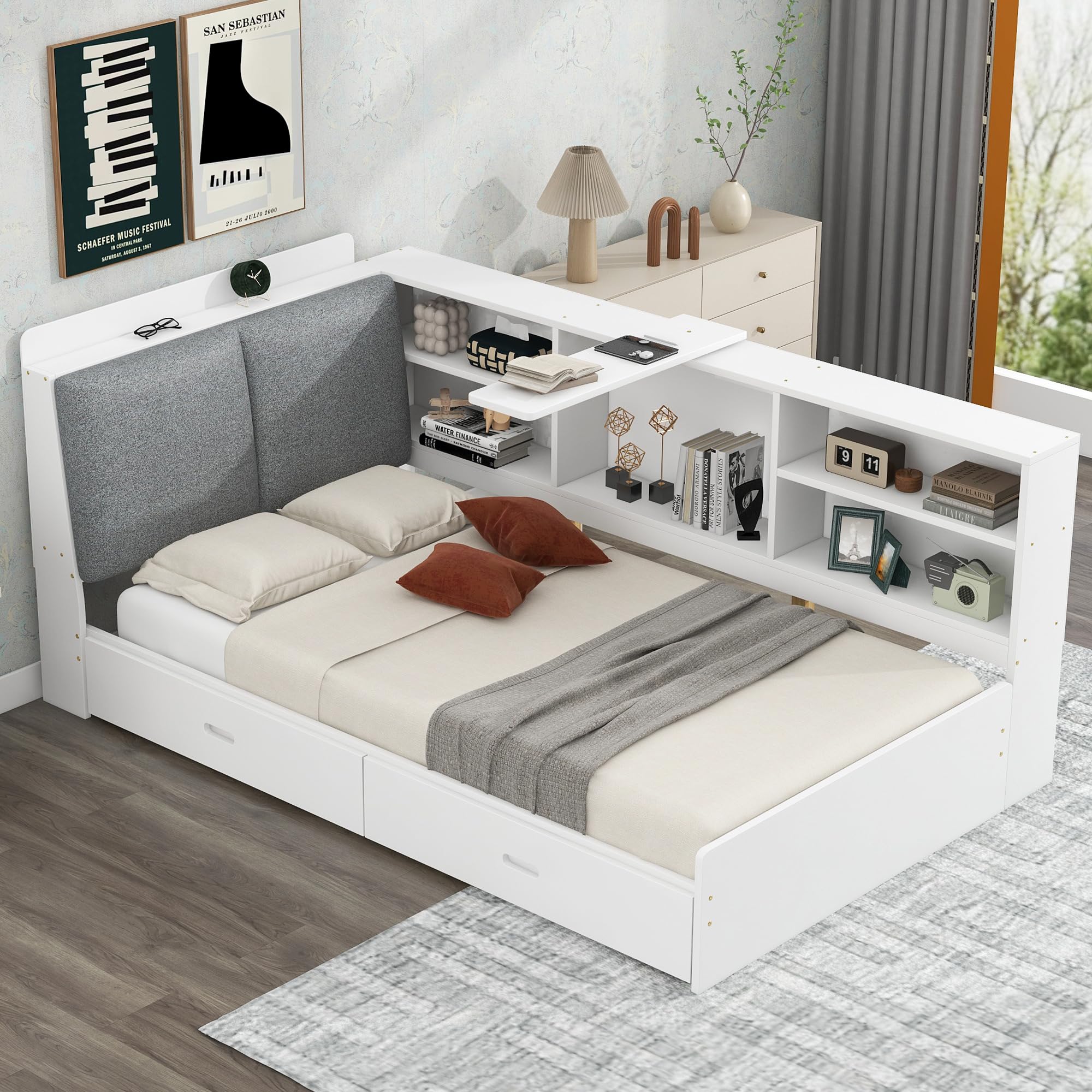 VilroCaz Twin Size Platform Bed with L-Shaped Storage Shelves and Upholstered Headboard, Solid Wood Daybed Frame with 2 Drawers and Rotatable Storage Board, Maximize Space (White-25)