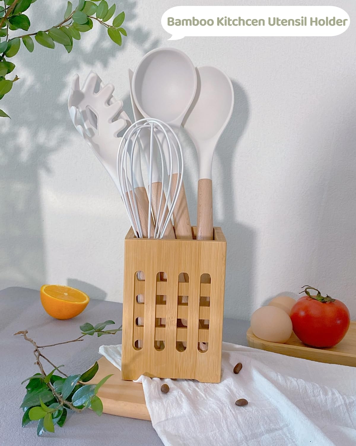 Large Bamboo Kitchen Utensil Holder, Wooden Countertop Cooking Utensils Crock, Farmhouse Cooking Tools Storage Organizer for Spatulas, Spoons, Turners