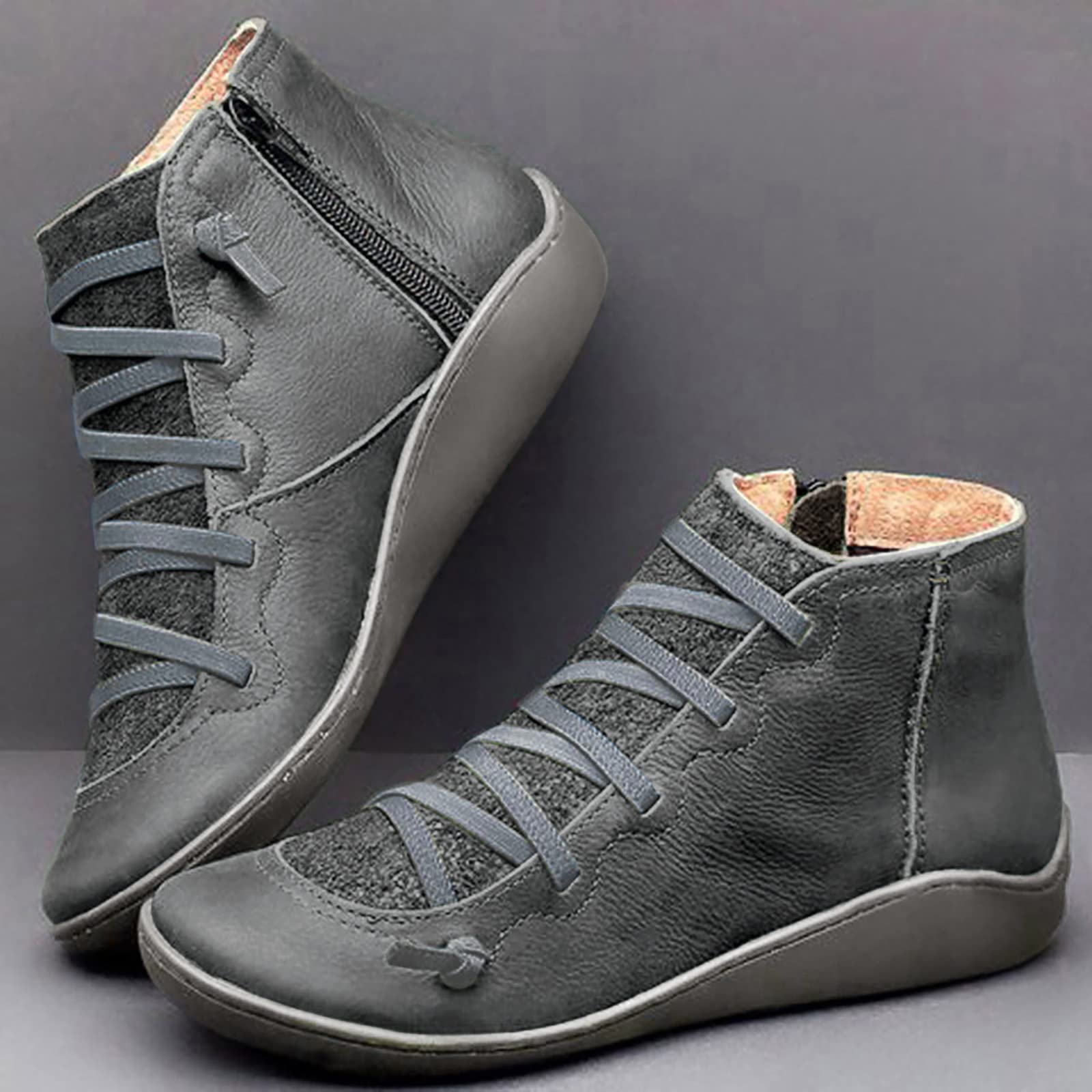PGOJUNI Hiking Boots Women Short Ankle Booties Zip Boots Round Toe Non-Slip Combat Womens Boots Casual Platform Shoes