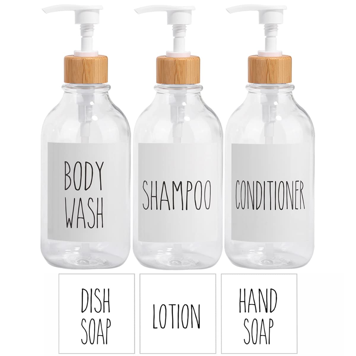 Shampoo and Conditioner Dispenser-Set of 3-16 oz Reusable Pump Bottle Dispenser for Bathroom with 6 Waterproof Stickers - Empty Plastic Refillable Containers for Shower (Clear)