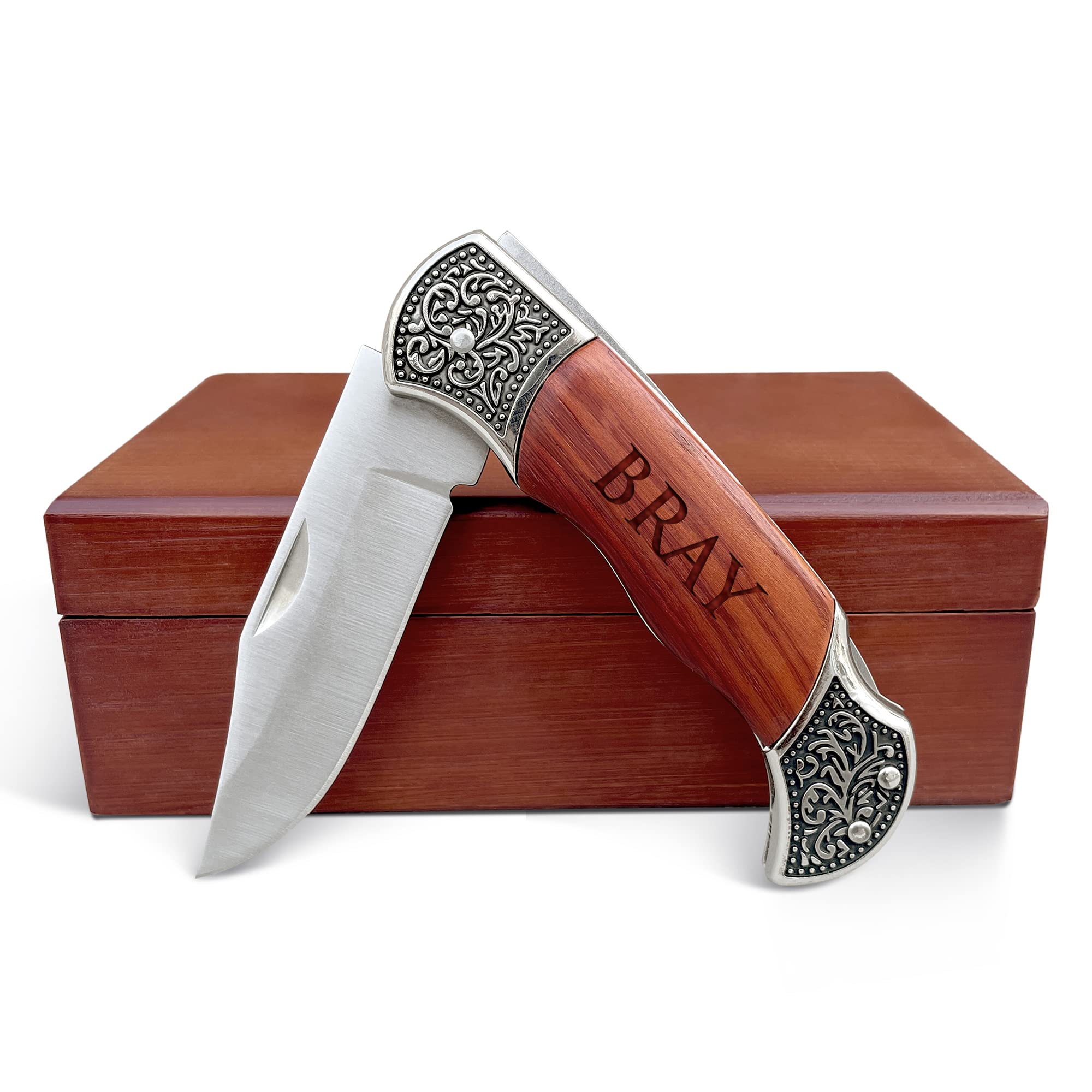 Krezy Case Personalized Engraved Pocket Knife, Engraved Folding Pocket Knife with Wooden Box, 7.25in Engraved Pocket Knife, Hunting Knife For Men