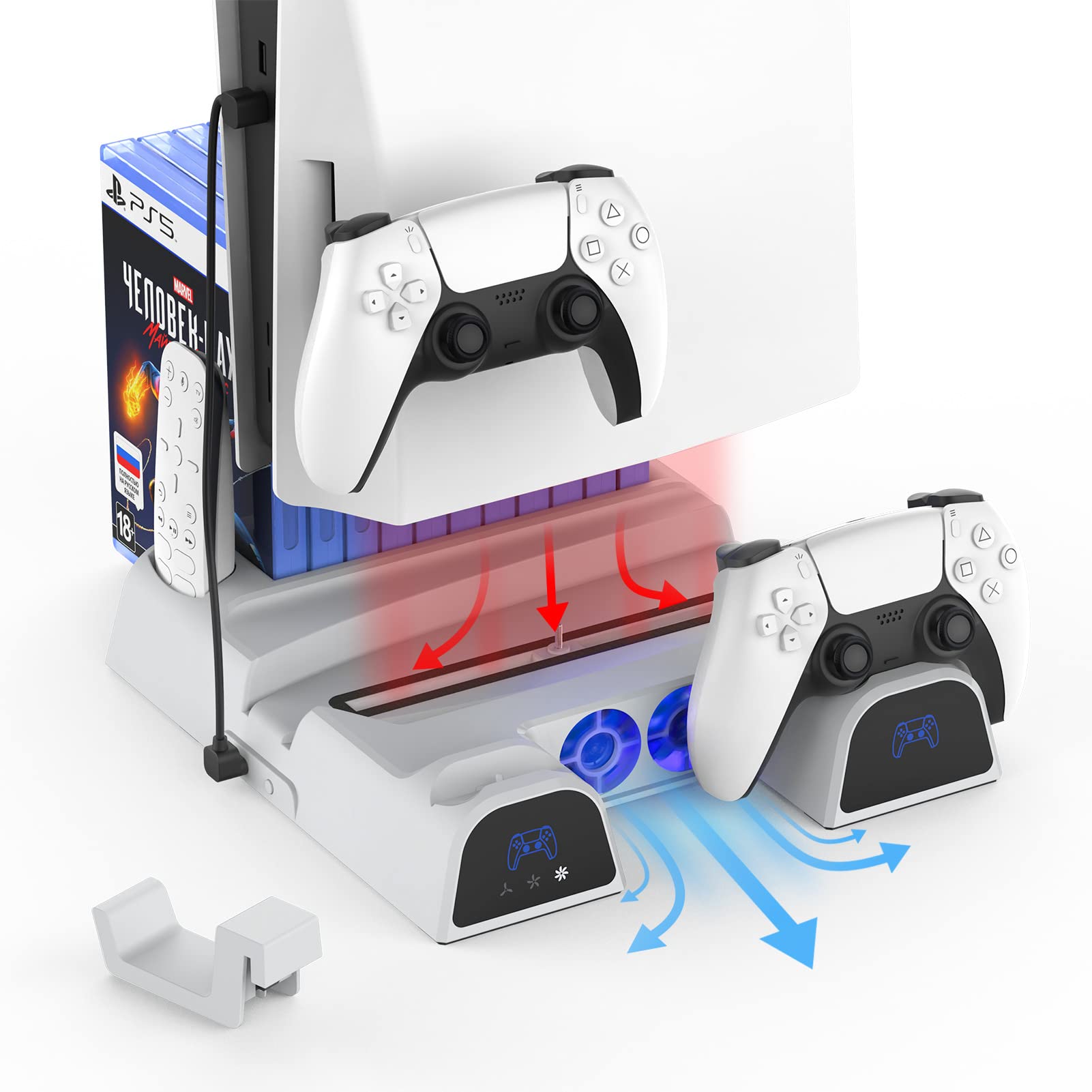 PS5 Cooling Stand with 2 Controller Charger Station and Extra Headset Holder for PS5 Disc & Digital Editions, Dual Controllers Charger, 3-Speed Adjustable Silent Fans, 11 Games Rack Organizer, White