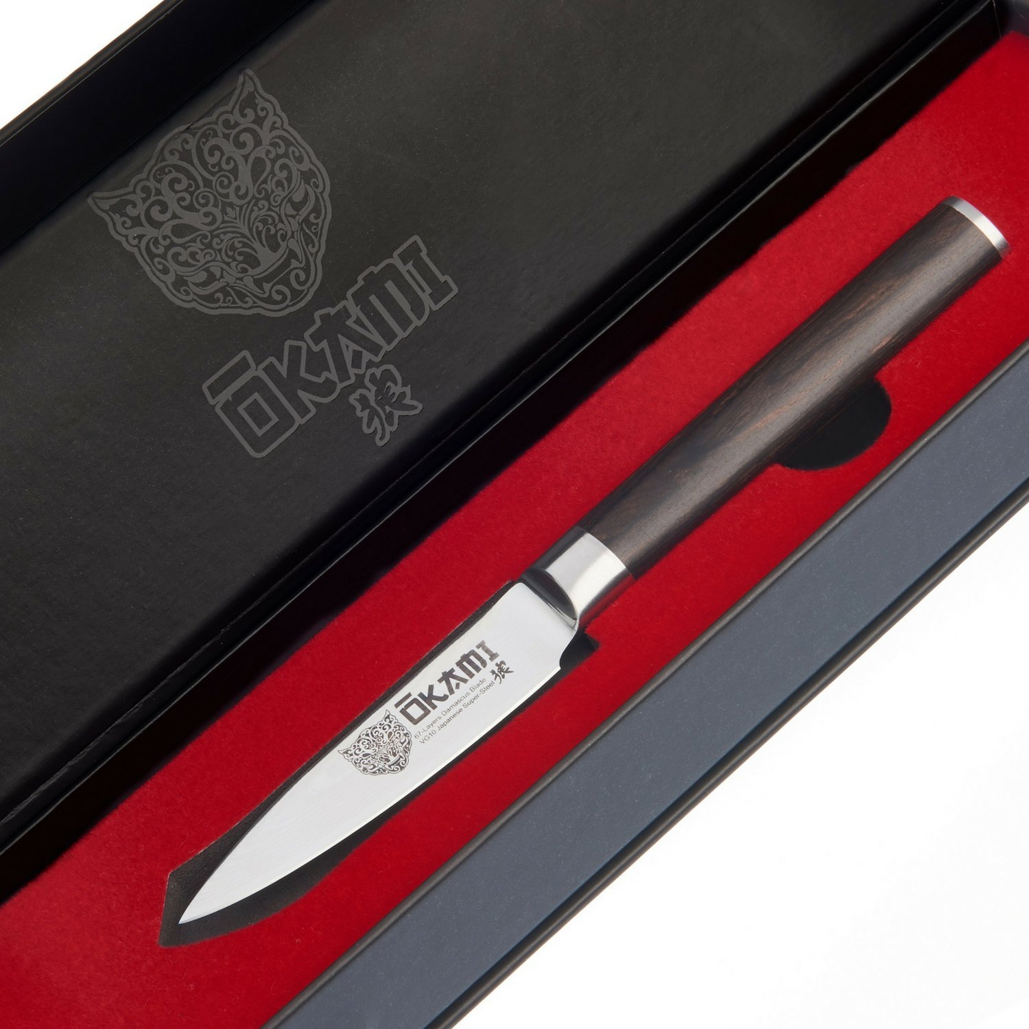Paring Knife 3.5 inch by Okami Knives, Japanese VG10 Stainless Steel, Damascus Kitchen Blade