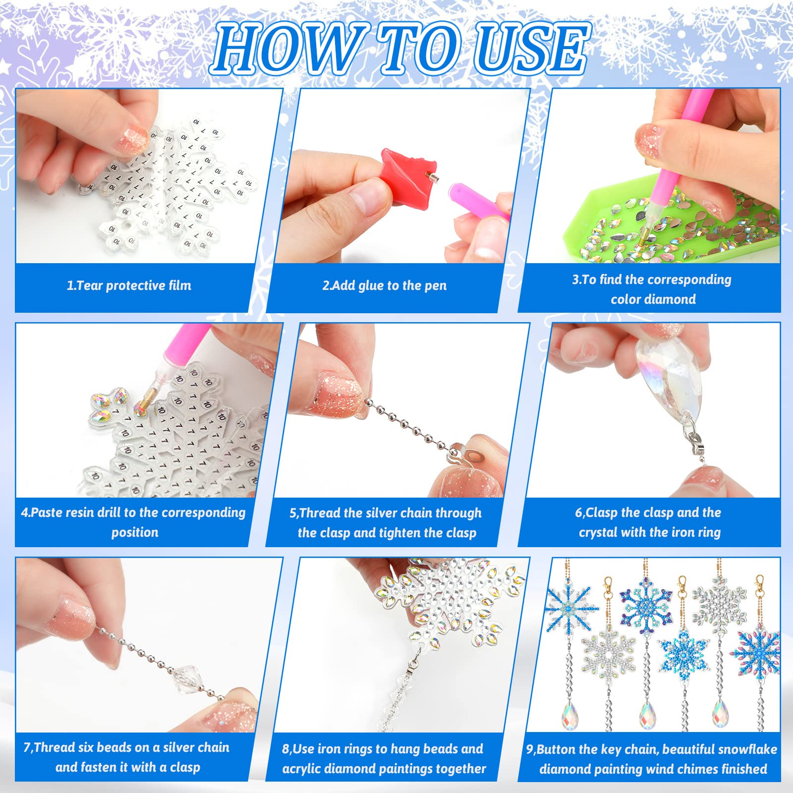 Perthlin 6 Pieces Winter Snowflake Diamond Art Kits Double Sided Diamond Art Suncatchers Wind Chimes Hanging Diamond Art Ornaments Accessories for Kids DIY Crafts Christmas Home Windows Decoration