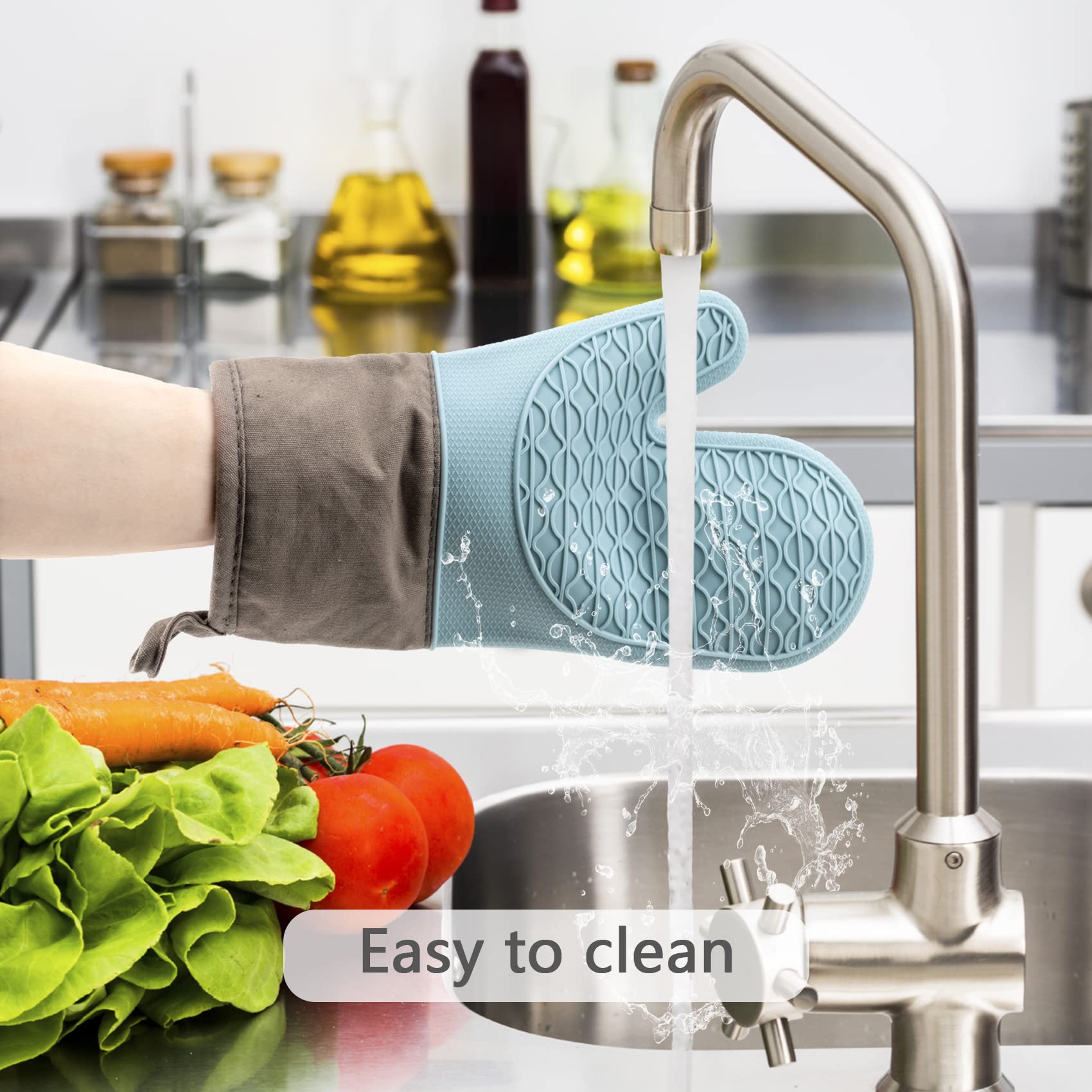 LB Silicone Oven Mitts Heat Resistant Oven Mitts Set with Soft Quilted Cotton Lining, Gloves Pot Holders and Oven Mitts Sets for Kitchen Cooking and BBQ, Easy Clean 2-Piece Set (Blue)