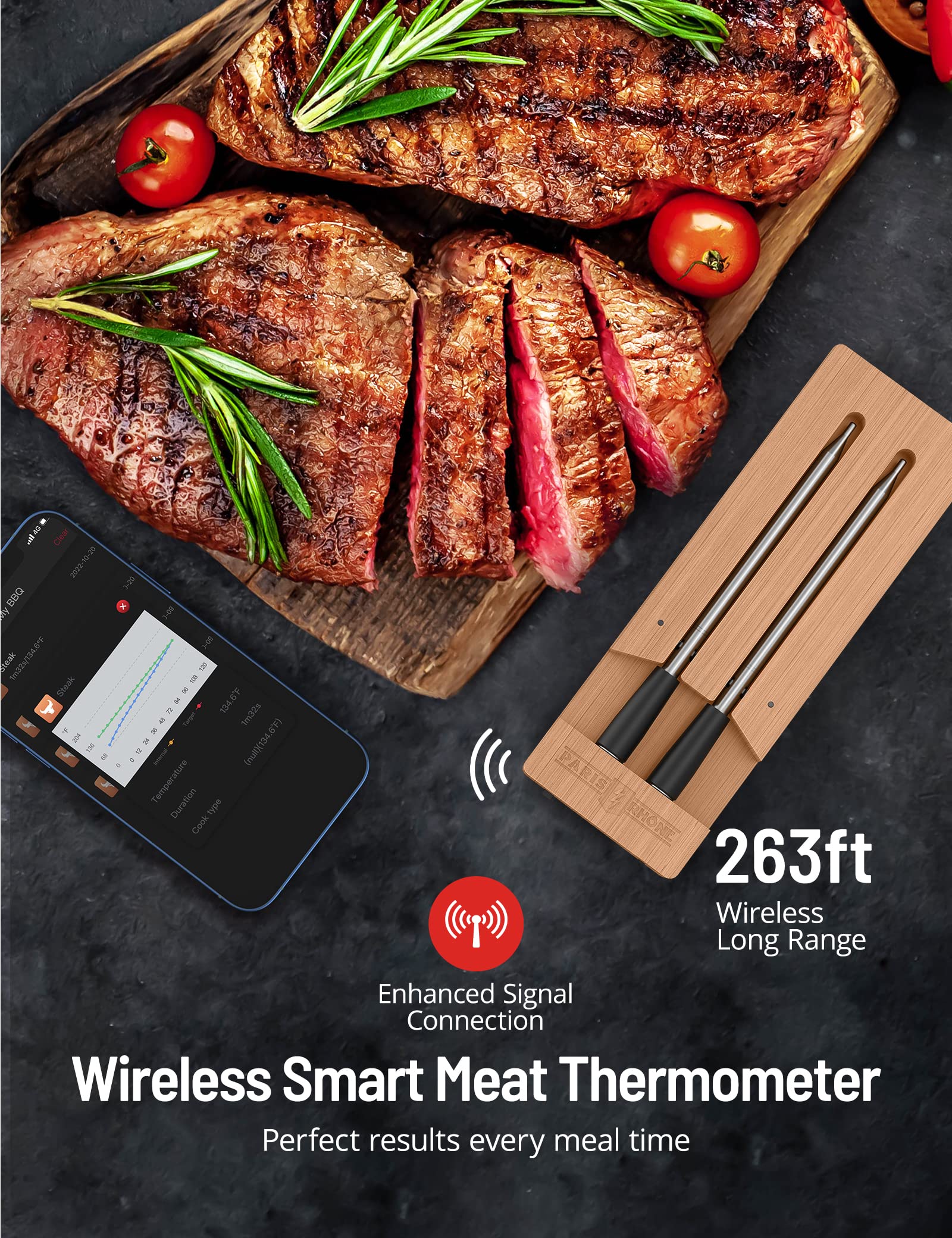 Paris Rhône 263ft Smart Meat Thermometer, Wireless Meat Thermometer, Food Thermometer with Smart Alert, IP67 Waterproof, Dishwasher Safe for The Grill, Kitchen, Garden, Rotisserie (Bamboo/2 Probes)