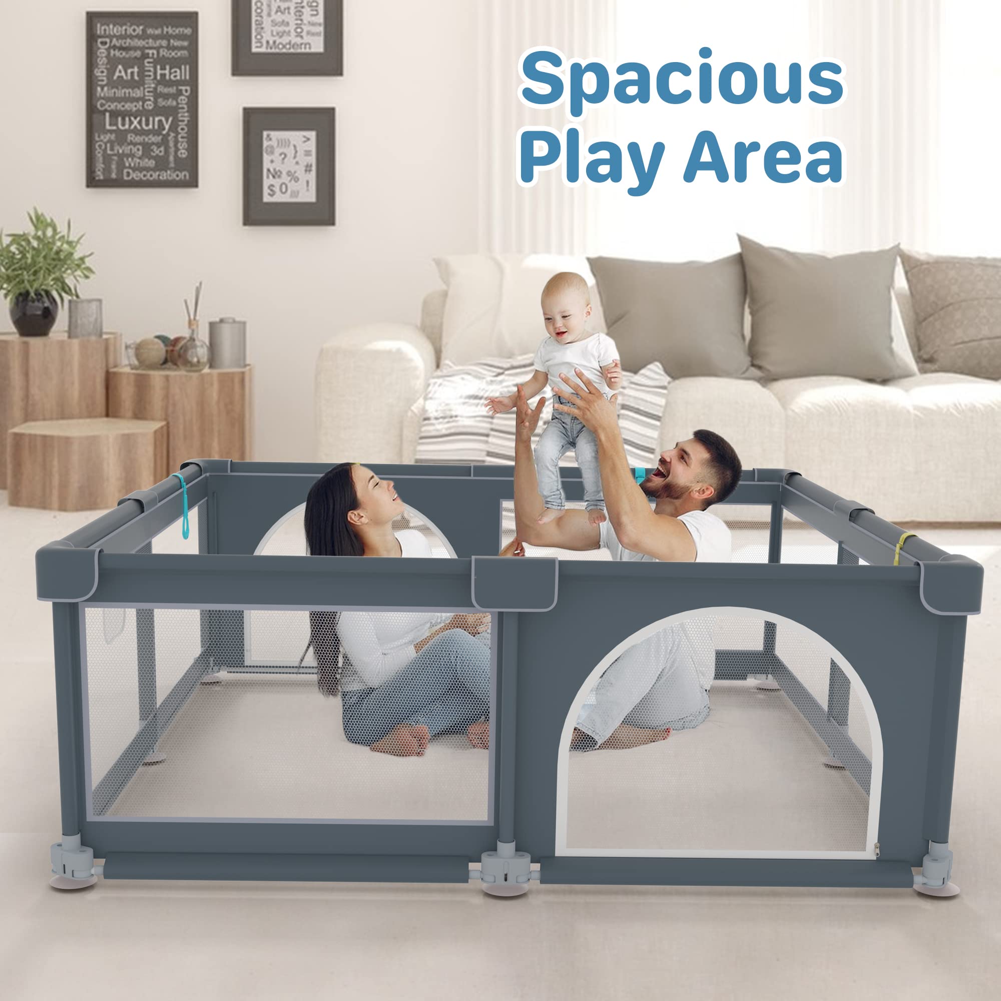 MARLBSIDE Foldable Playpen, Extra Large Baby Playpen, Packable & Portable Play Pens for Babies and Toddlers, Baby Play Yards with Breathable Mesh (Grey,71x71inch) HN-669