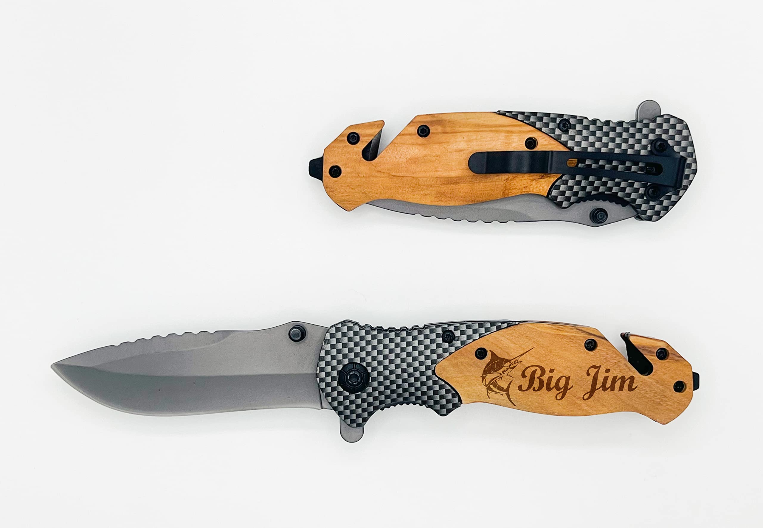 Personalized Olive Handled Laser Engraved Custom Pocket Knife Multi Tool Rope Cutter Outdoors Hunting Fishing Steel Blade Camping (Deep Sea Fishing Marlin Sailfish)