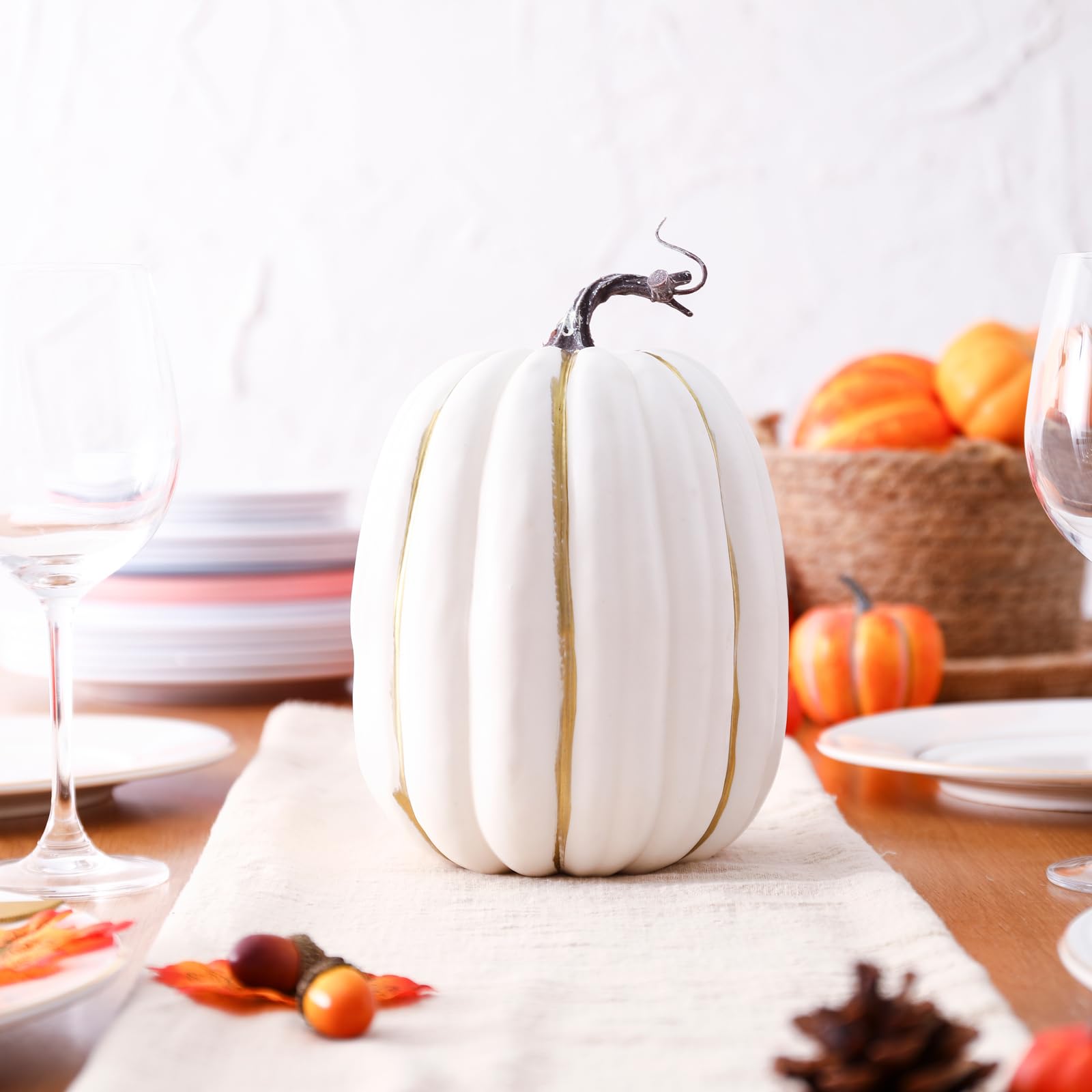 Lucakuins 8 Inch Large Artificial Pumpkins DIY White Decorative Foam Pumpkins Cute Fake Pumpkins for Hallween Autumn Harvest Home Decorations (White Gold Wire, 8 in)
