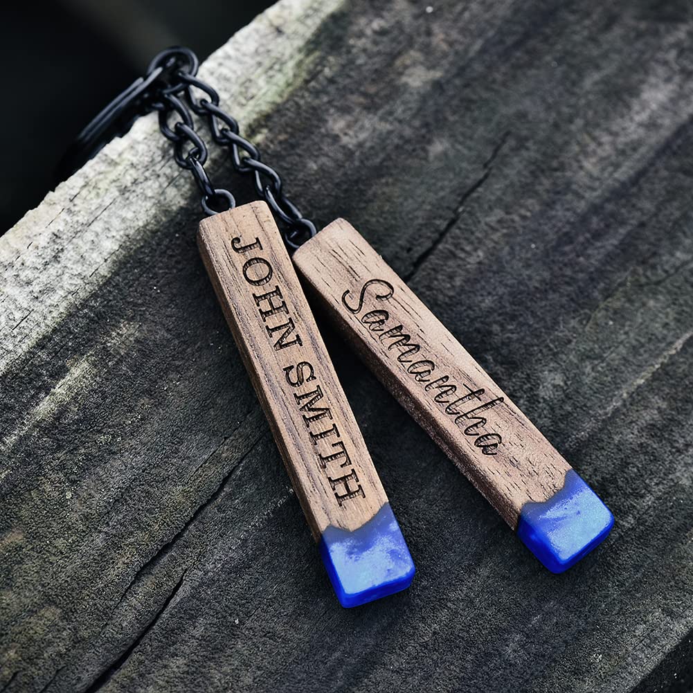 Personalized Resin Wood Keychain. 2Surfaces Custom Engraved Car Keyring. (0.9in Wide)