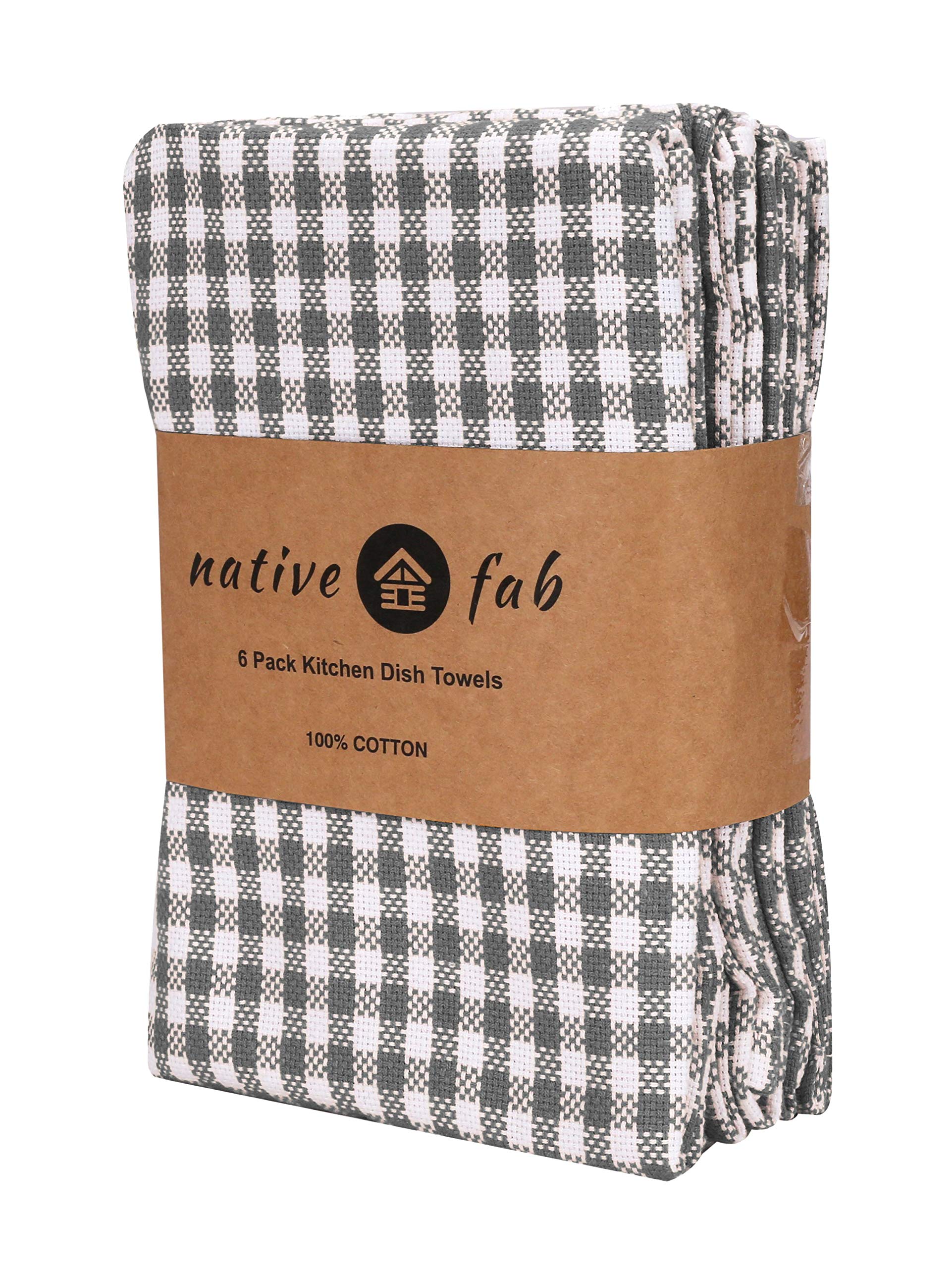 Native Fab 6 Pack Gingham Farmhouse Kitchen Dish Towels Cotton Absorbent Durable Washable 15x25 - Tea Towels, Dish Cloths, Restaurant Cleaning Towels, Kitchen Towels with Hanging Loop, Grey White