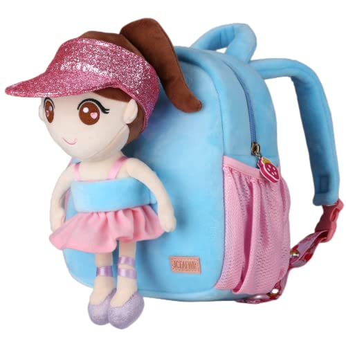 JCFAFWR Toddler Backpacks for Girls 2-4, Lightweight Cute Kids Backpack Detachable Plush Doll Preschool Backpack(BLUE-M)